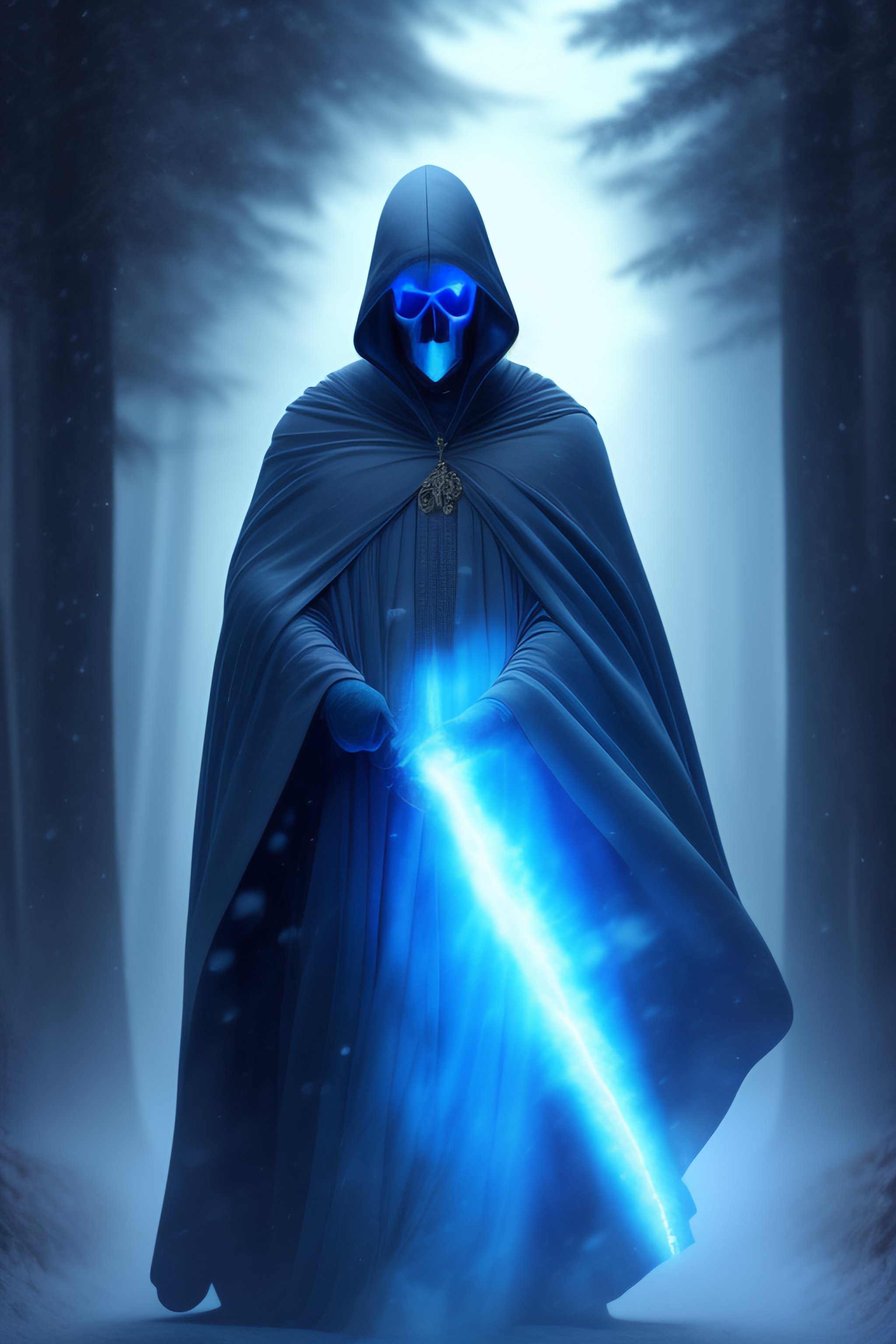 Lexica - Grim reaper, wearing a gray robe, spectral blue magical aura ...