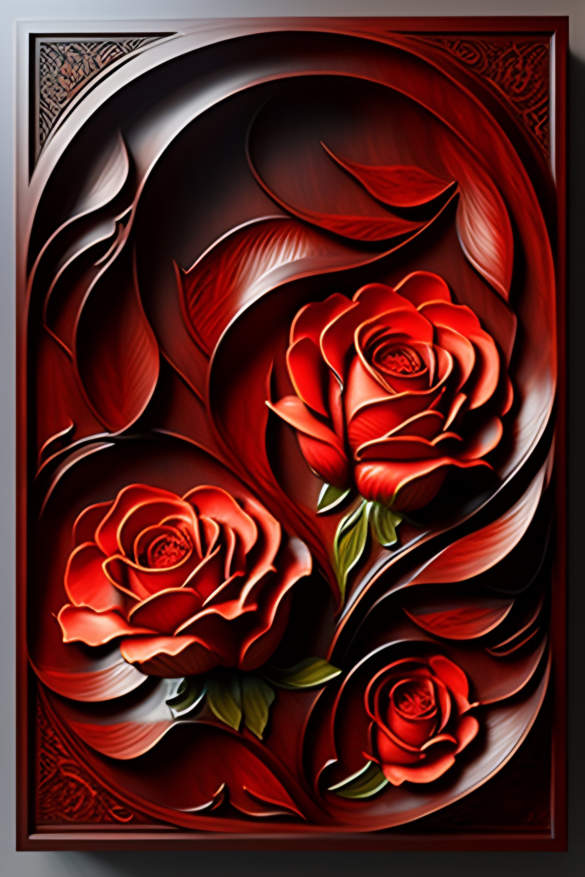 Lexica - Red roses surronded by circular arrangment of leaves, carved ...