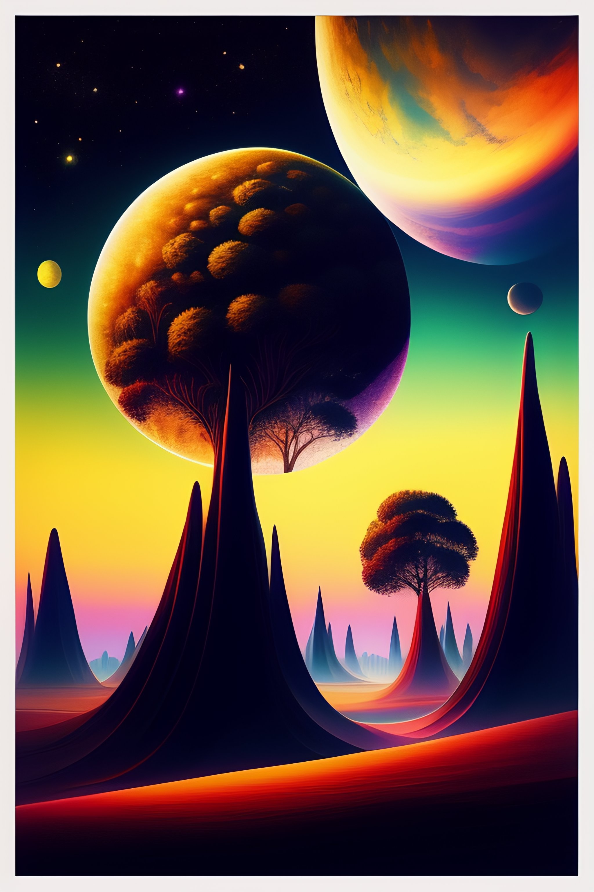 Lexica - A dreamlike landscape with strange trees and planets in the sky