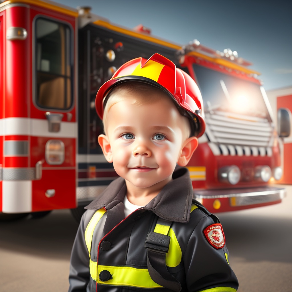 Lexica - A slim little boy in firefighter costume in front of a fire ...