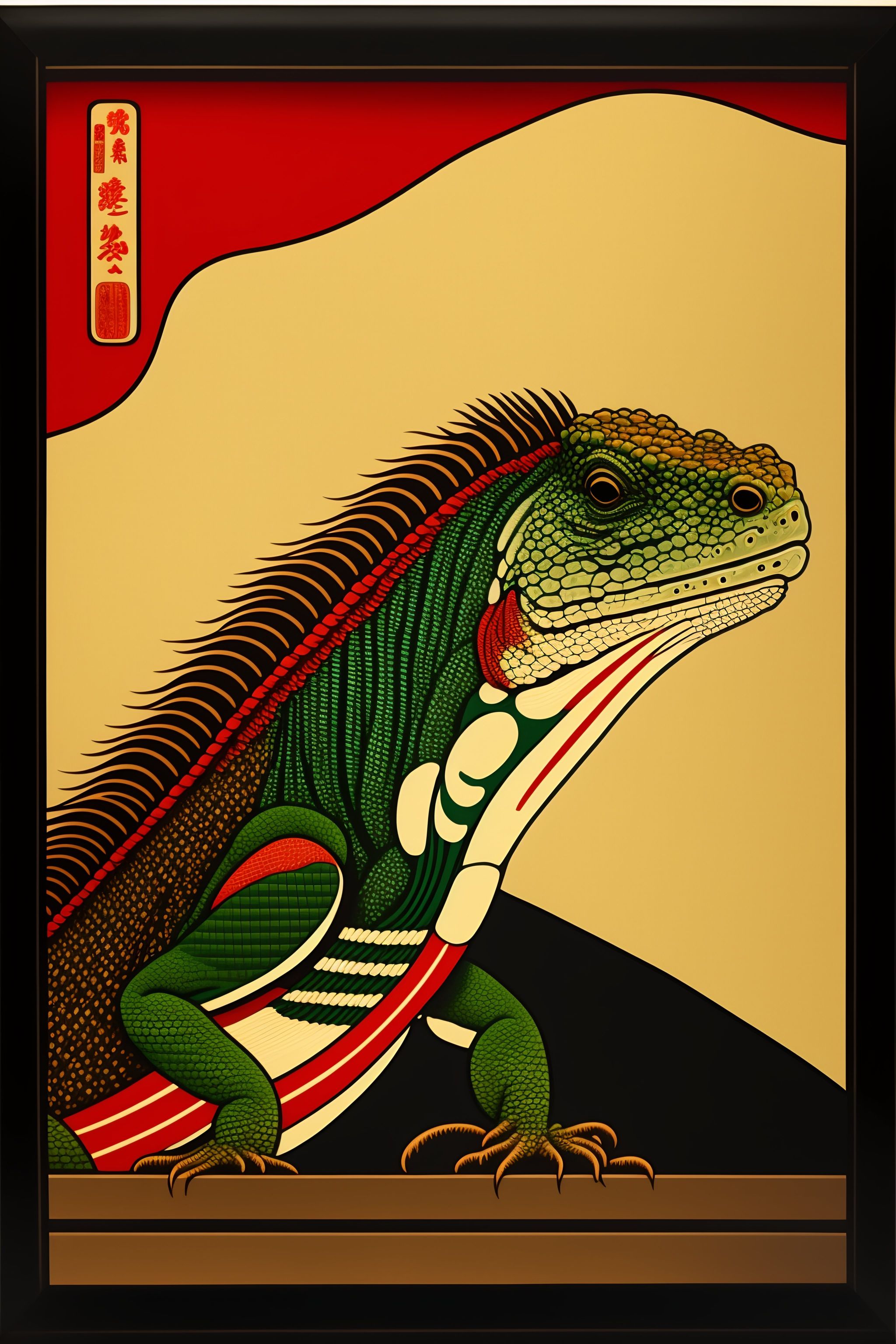 Lexica - Iguana in Tōshūsai Sharaku style, woodblock, low detail