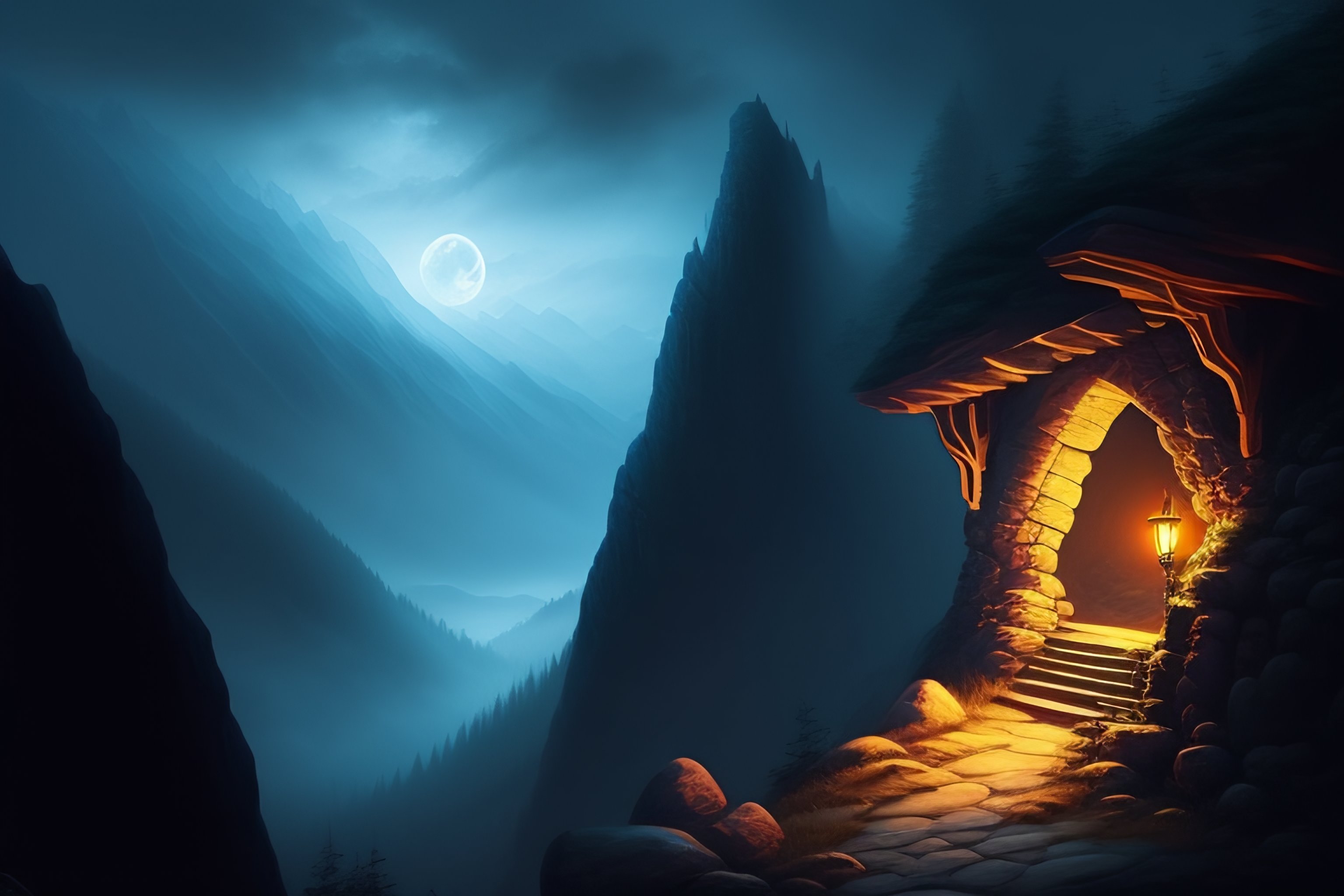 Lexica - Dark and foreboding, a hidden cave entranceat night, fortified ...