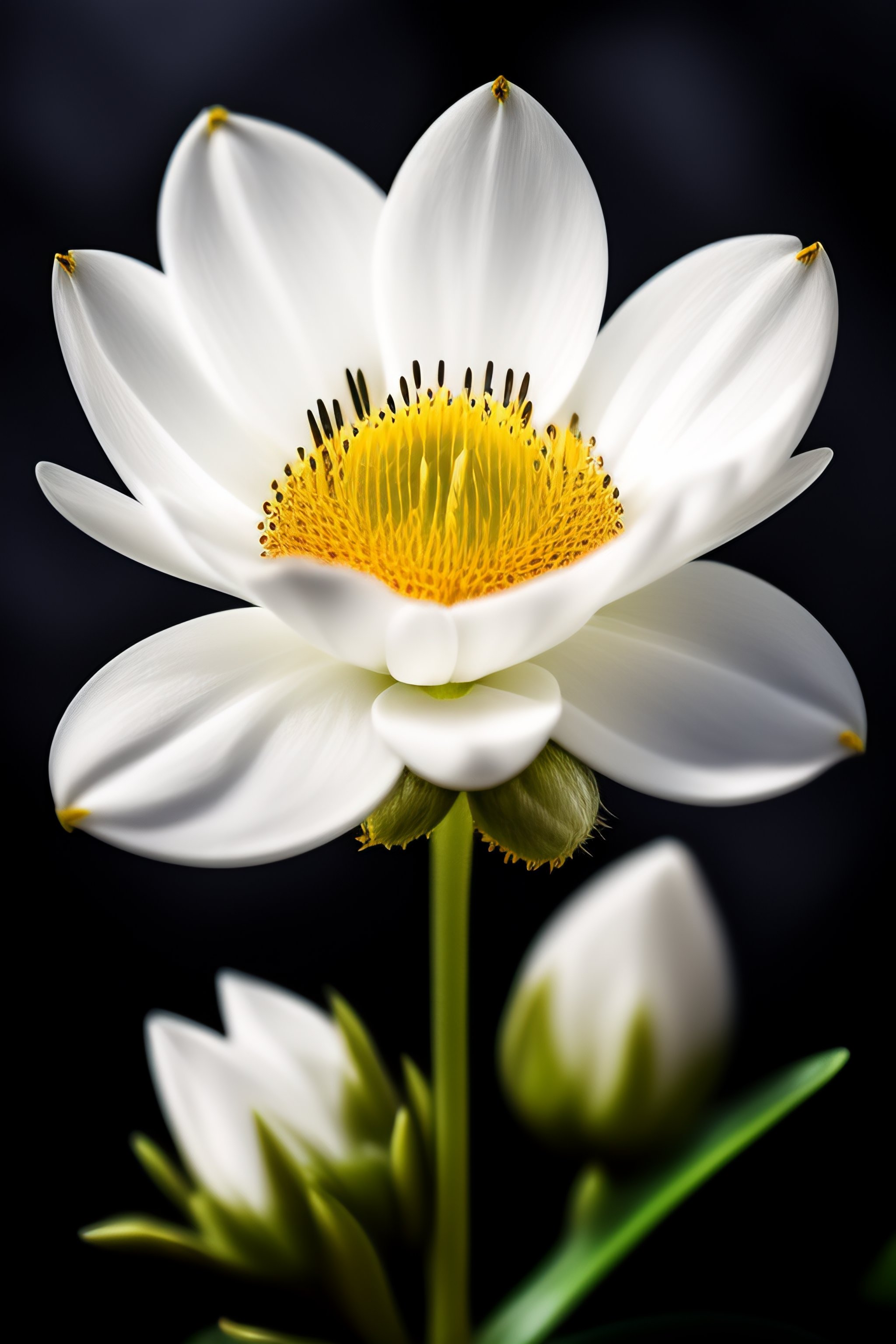 Lexica - White flower with sharp petals, metal dot inclusions in stem ...