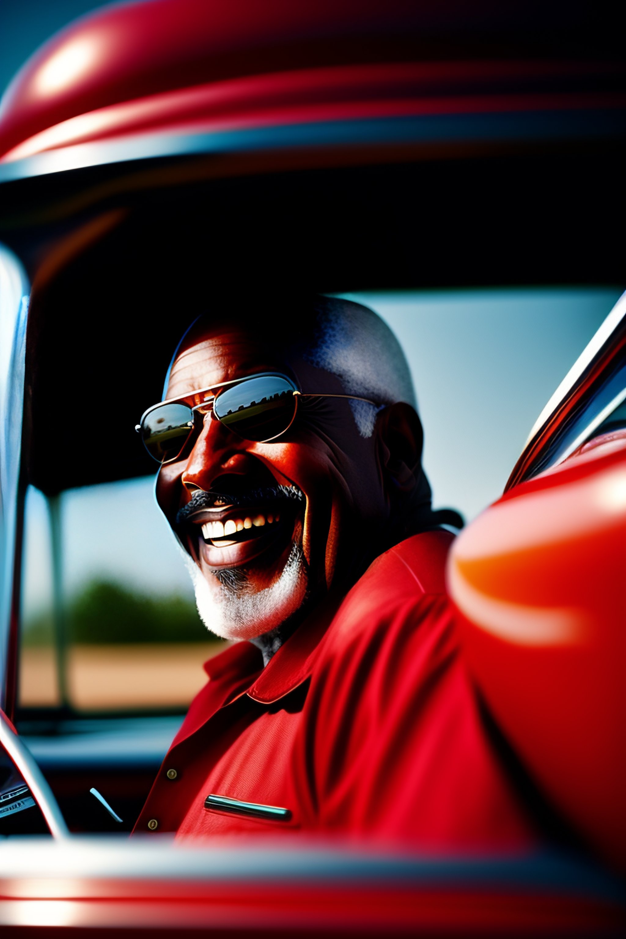 Lexica - Old bald black man with a grey beard, driving a red 1960 ...