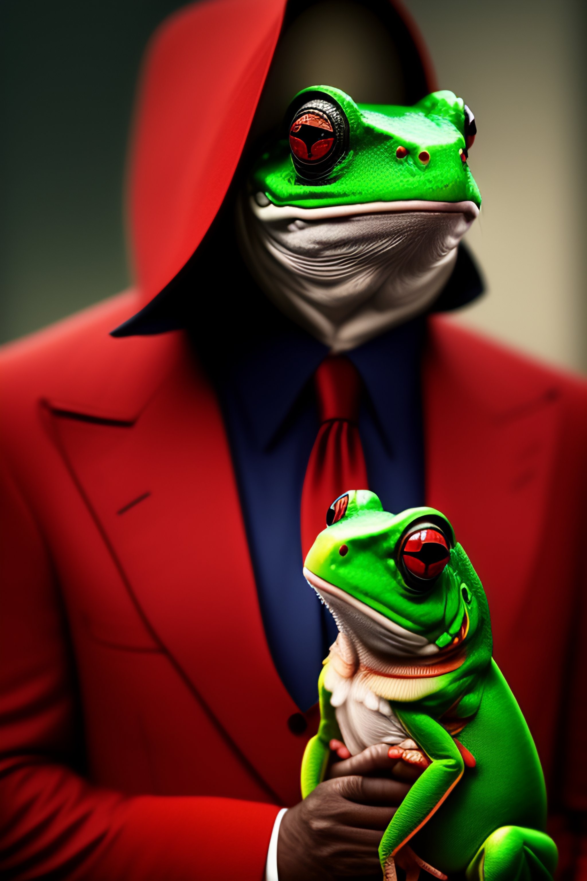 Lexica - A spy with a red eyed tree frog head wearing a suit holding a ...