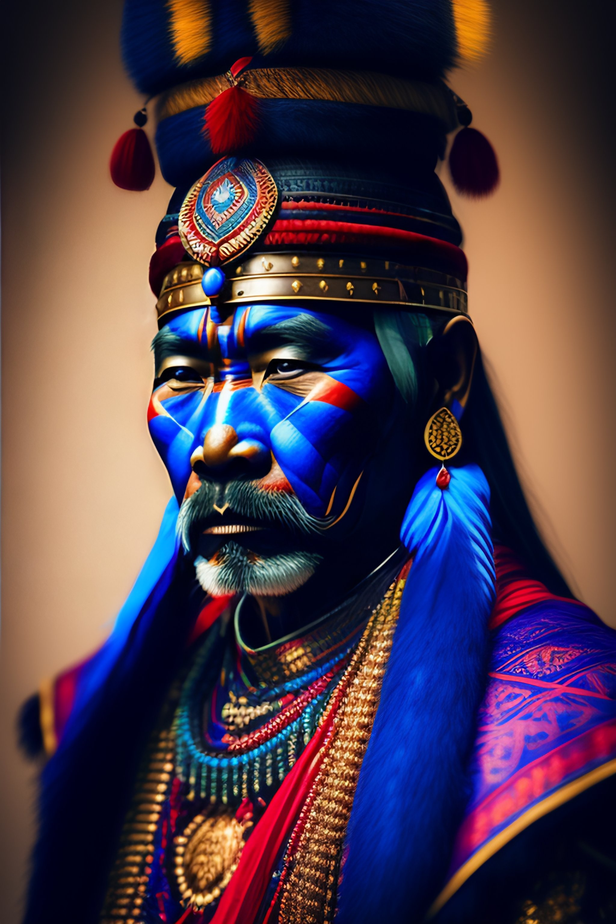 Lexica - Portrait photo of a asia old warrior chief, tribal panther ...