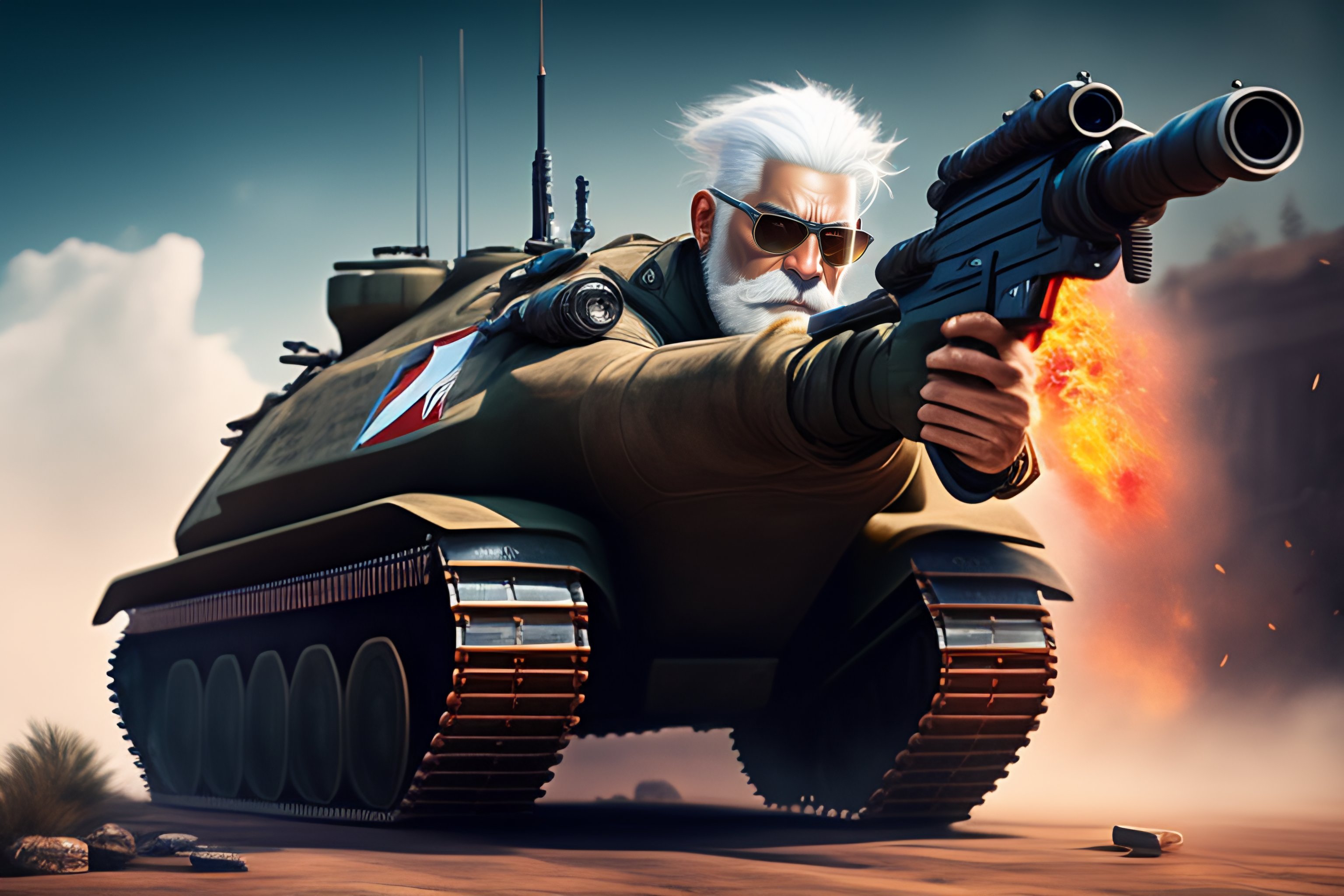 Lexica - Old tank man having white hair with the gun, ultra highly ...