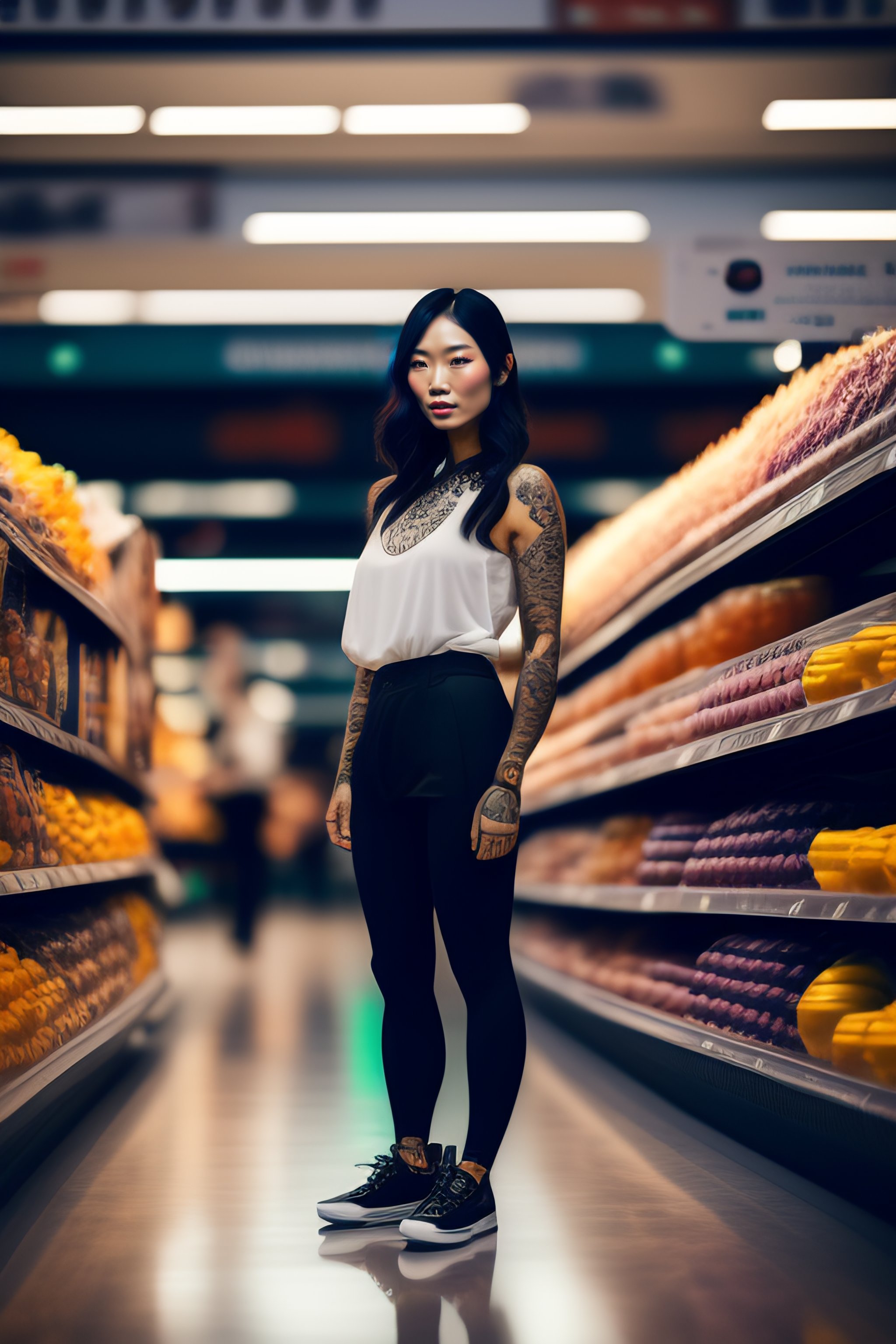 Lexica - Tattooed asian female, standing pose, in a supermarket, ultra hd! realistic! helmut ...