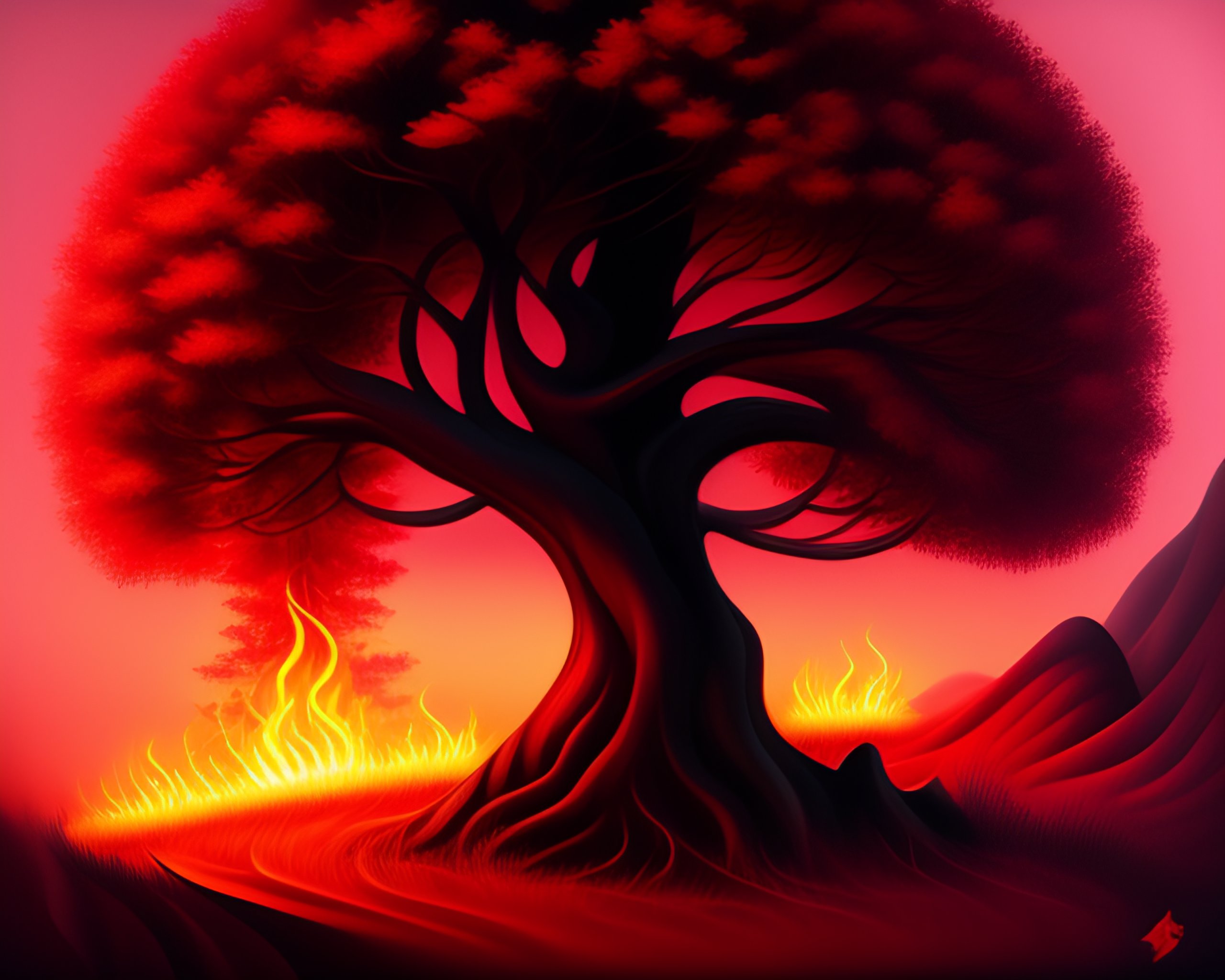 Lexica - Black flames charring the red tree, art station award winning ...