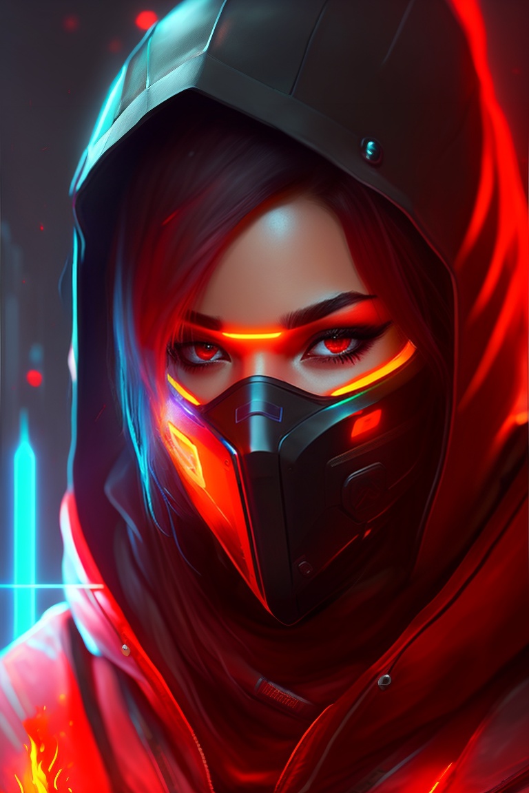 Lexica - Female character, hood, cyberpunk, red neon, mask, dark, eyes ...