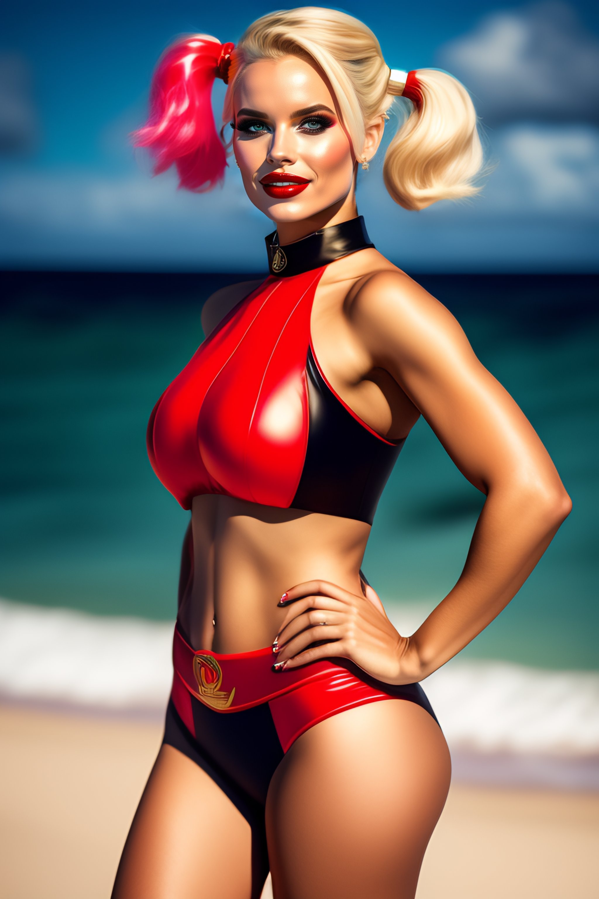 Lexica Fullbody Shot Of Flirty Harley Quinn Wearing Bikini Model Realistic Professional Photo