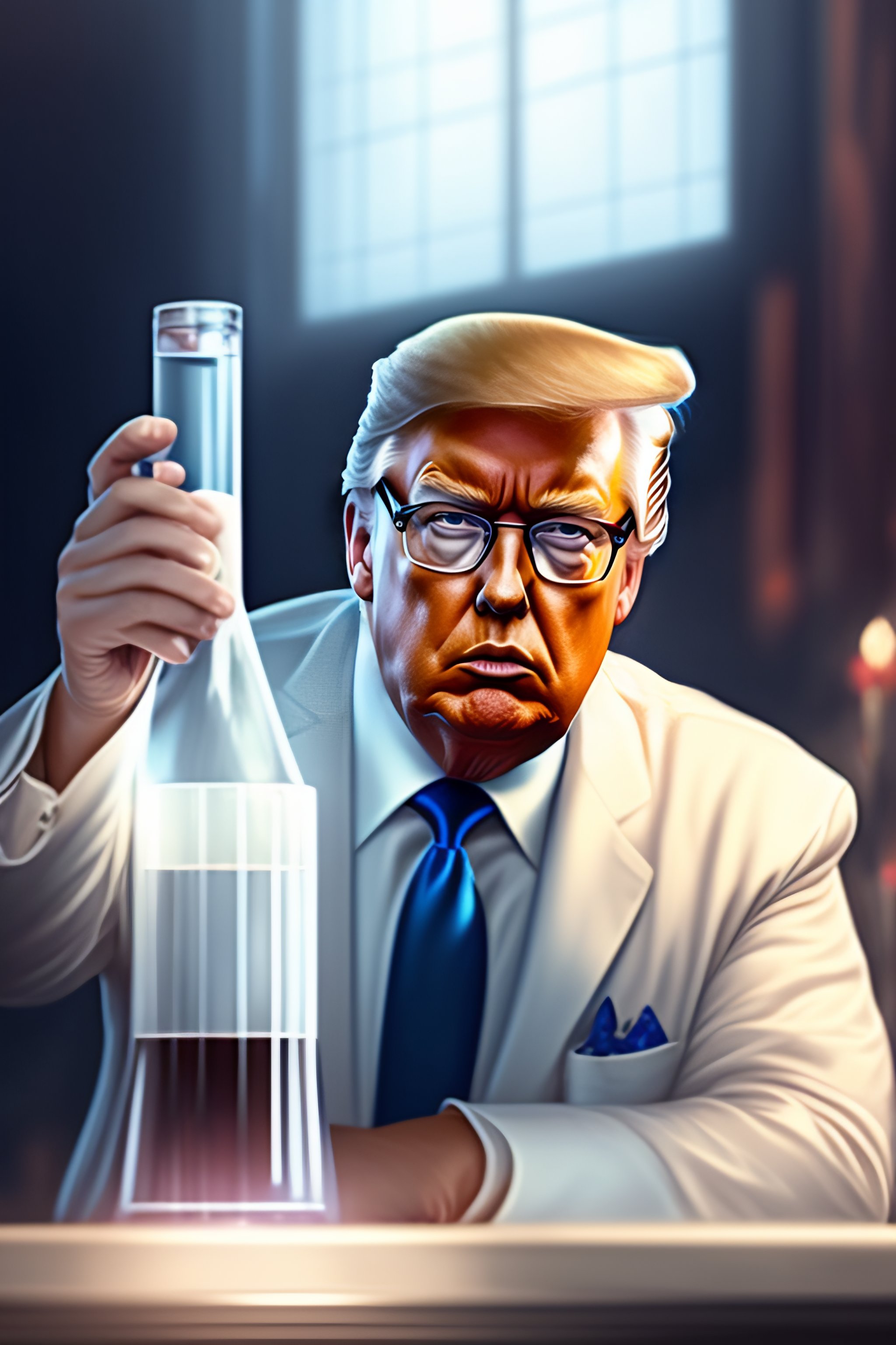 Lexica - Donald Trump holds a ehrlenmeyer flask at eye level, wearing a ...