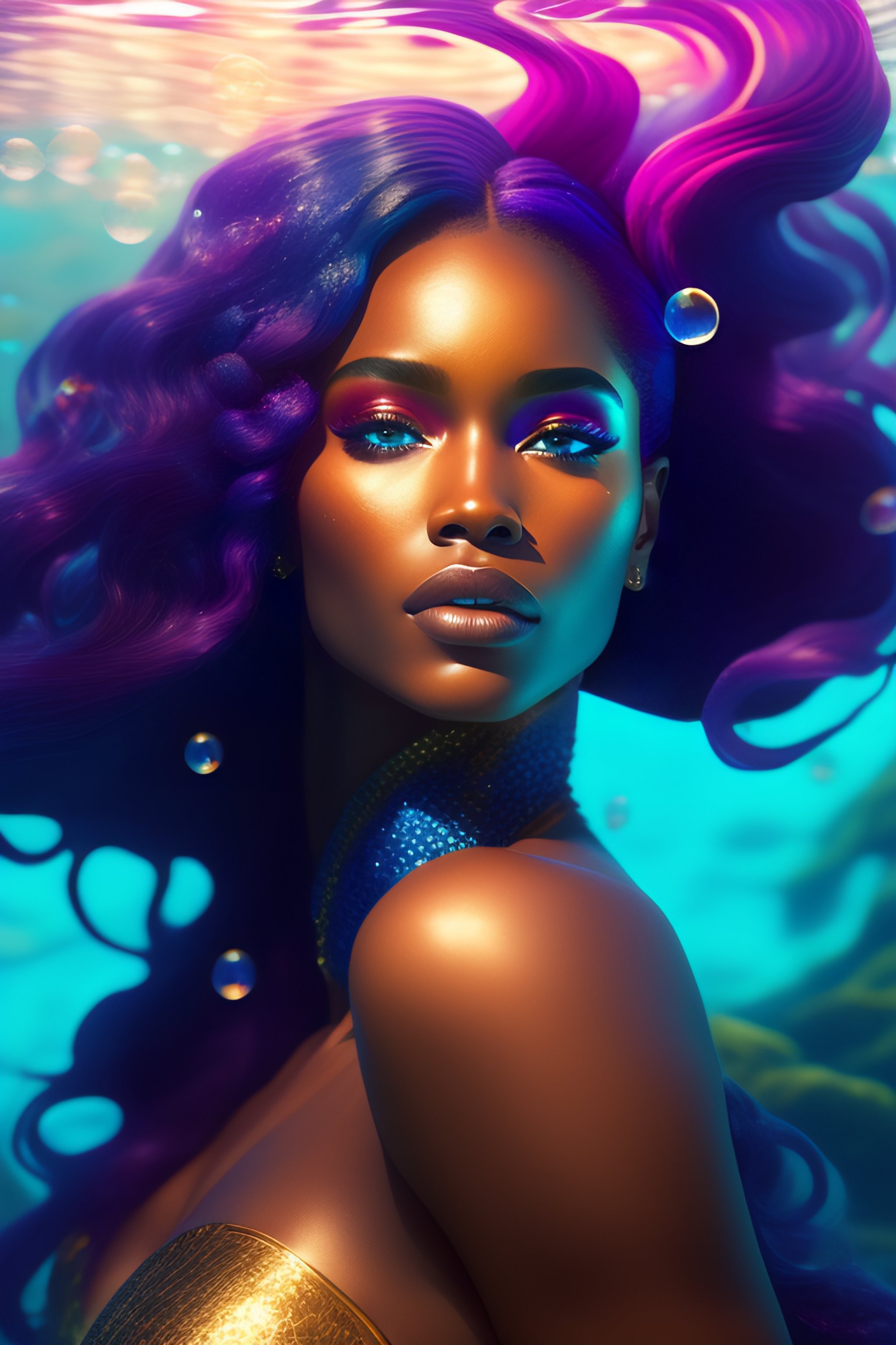 Lexica - Full body portrait of a black mermaid under blue water with ...
