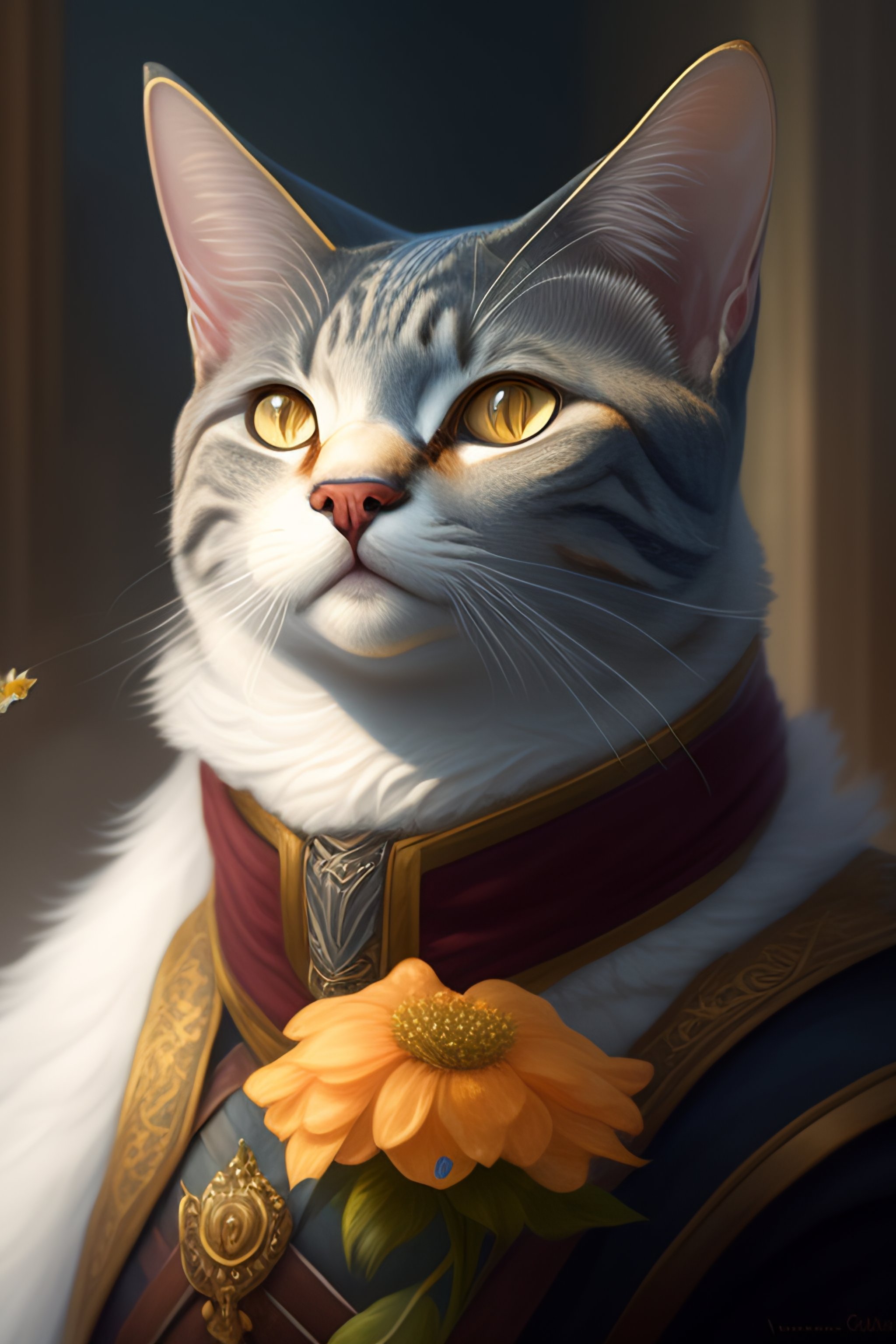 Lexica - A detailed portrait of grey cat holding flower illustrator, by ...