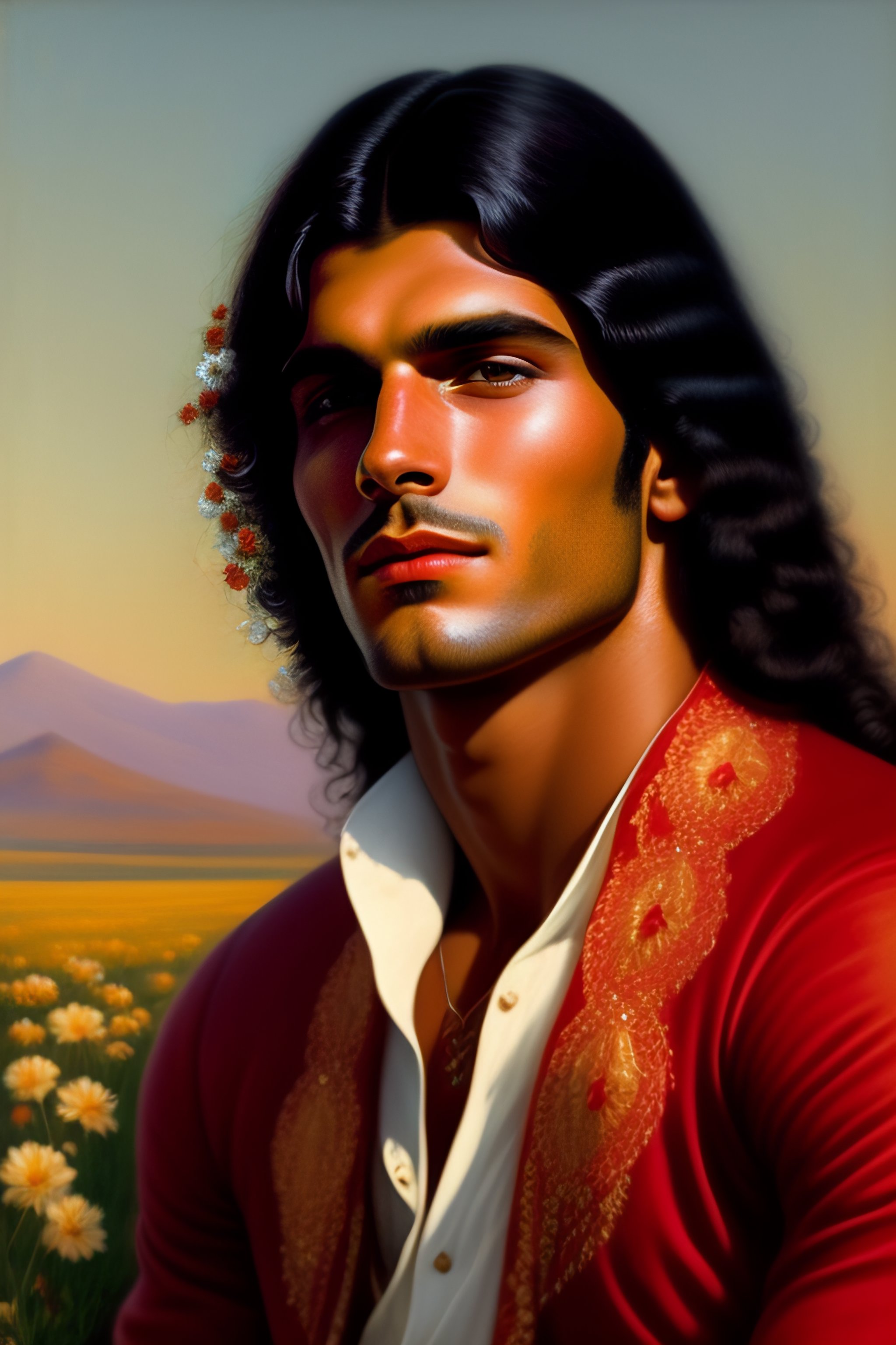 Lexica - A beautiful romani young man with long black hair in cotton ...