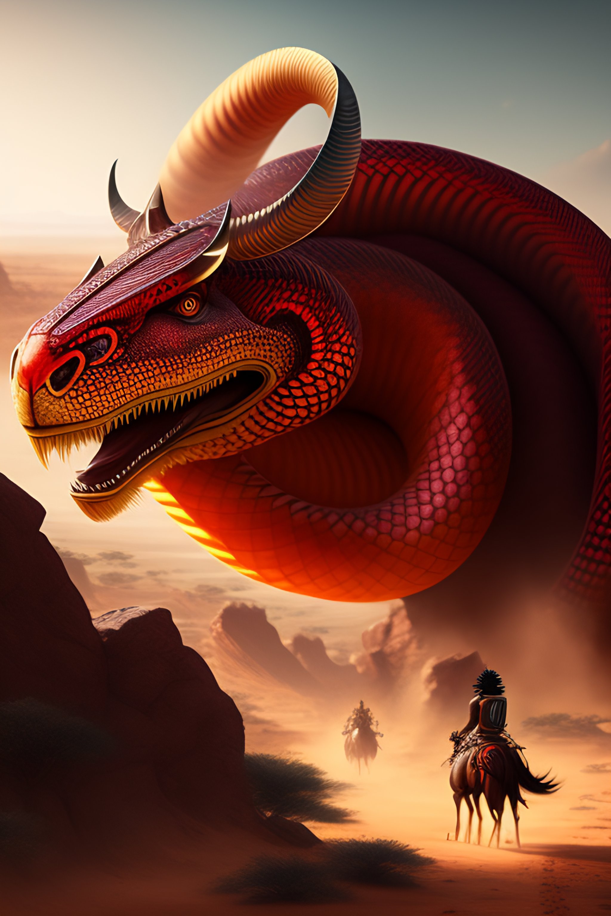 Lexica - Two African warriors with backs to camera fight a giant red ...