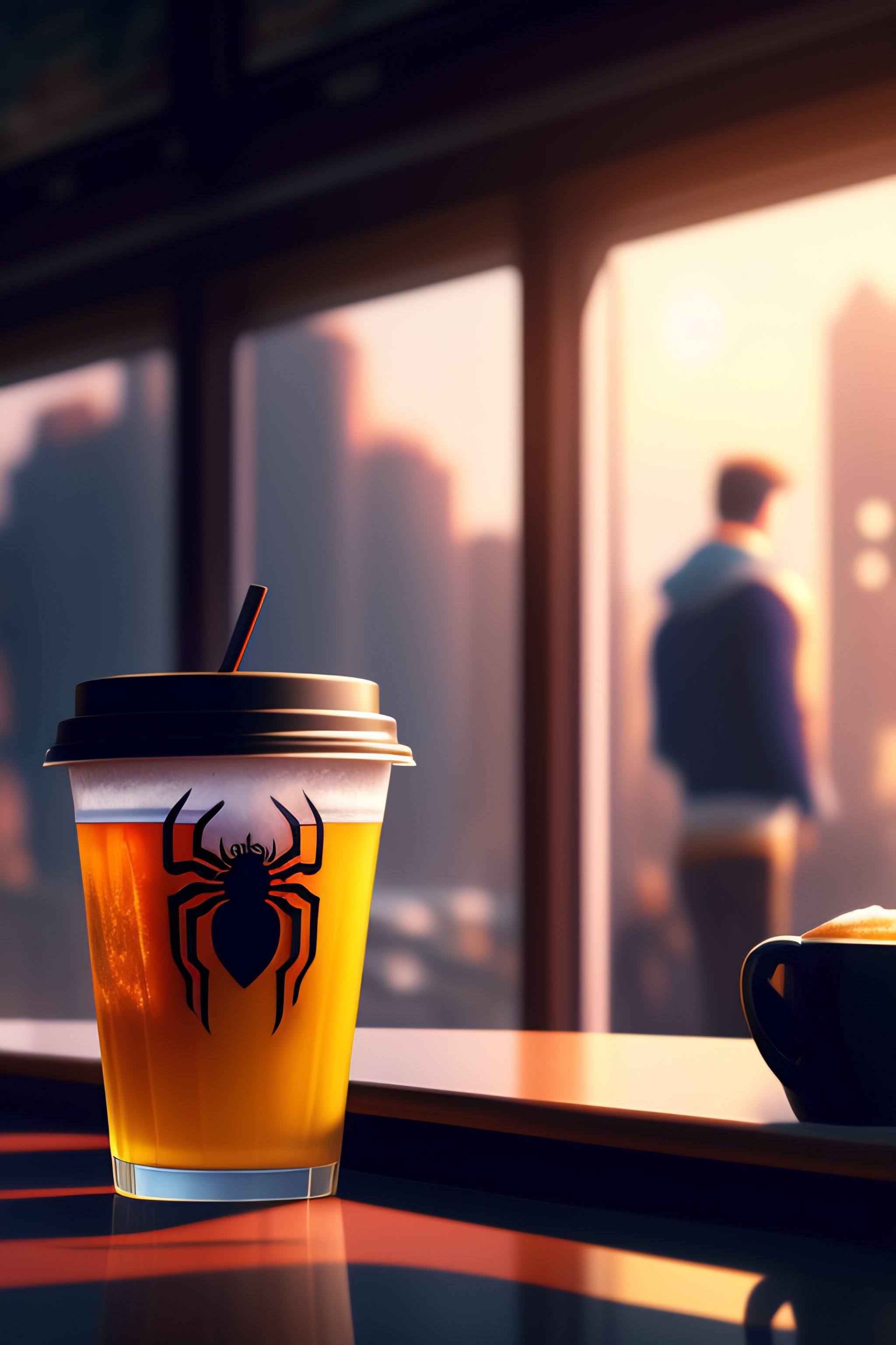 Lexica - Spider-Man wayfarer glasses sitting inside cafe drinking ...