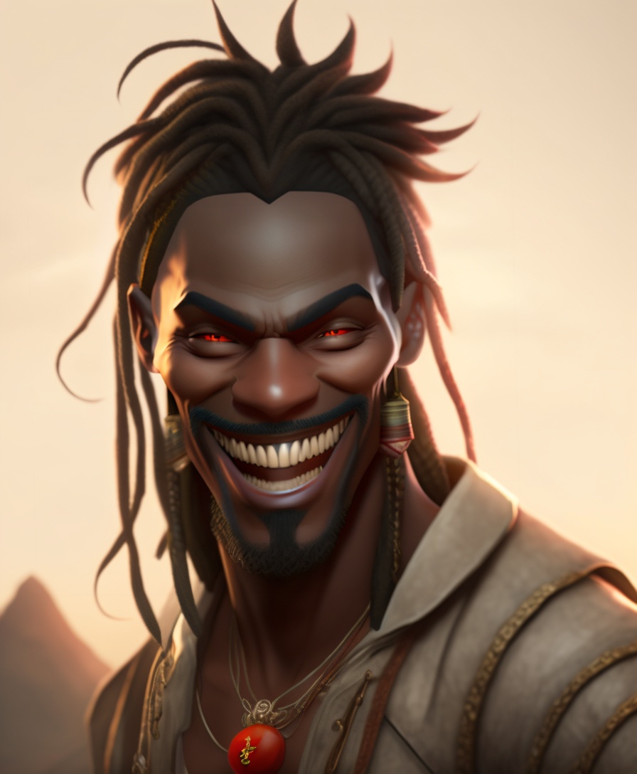 Lexica - Demon, dreadlocks pinned back, big scary smile, tilted head ...