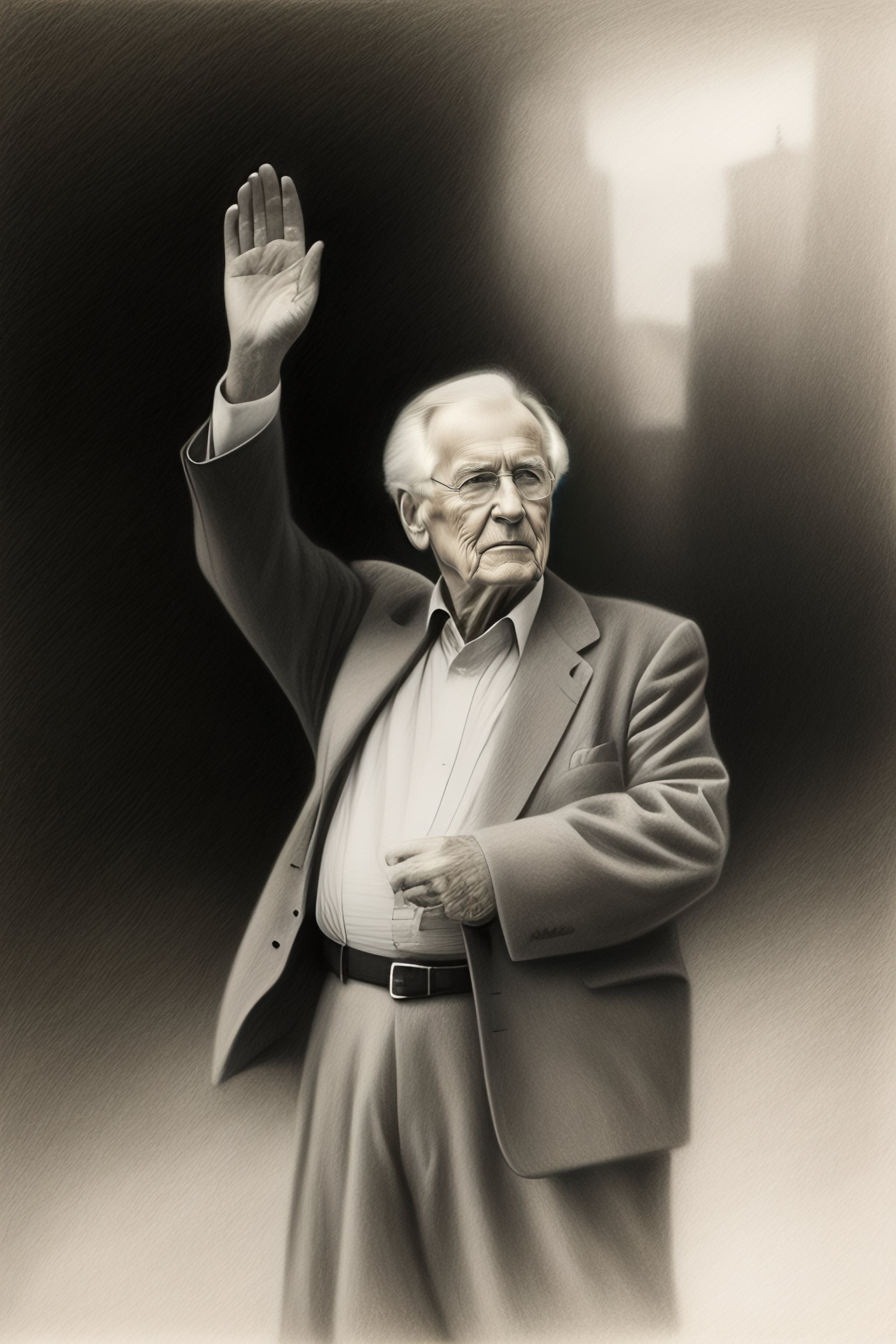 Lexica - Old man raising right hand, pencil drawing
