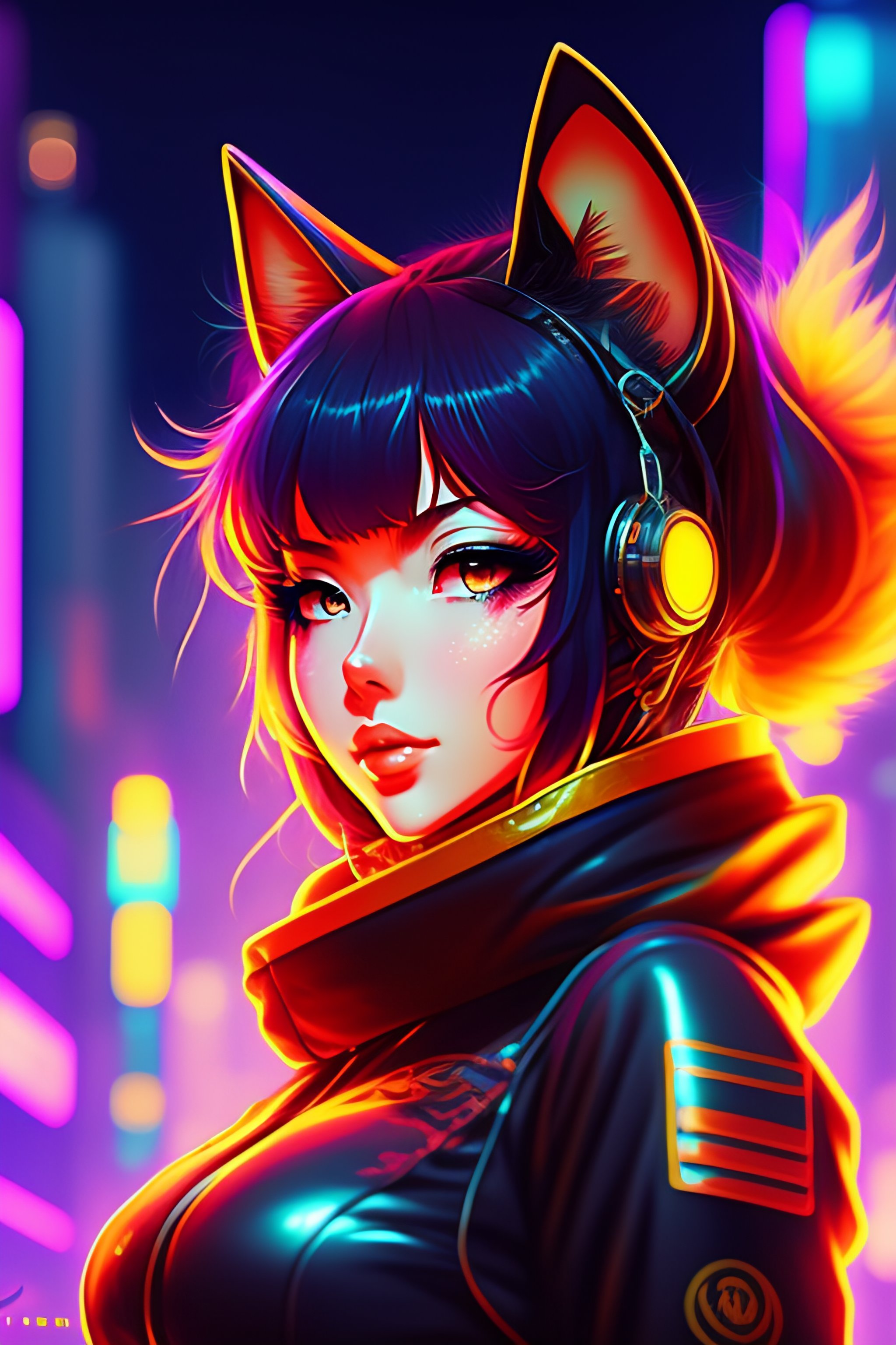 Lexica - Portrait of a Cute Anime Cyberpunk Cat Girl in a Retro Future ...