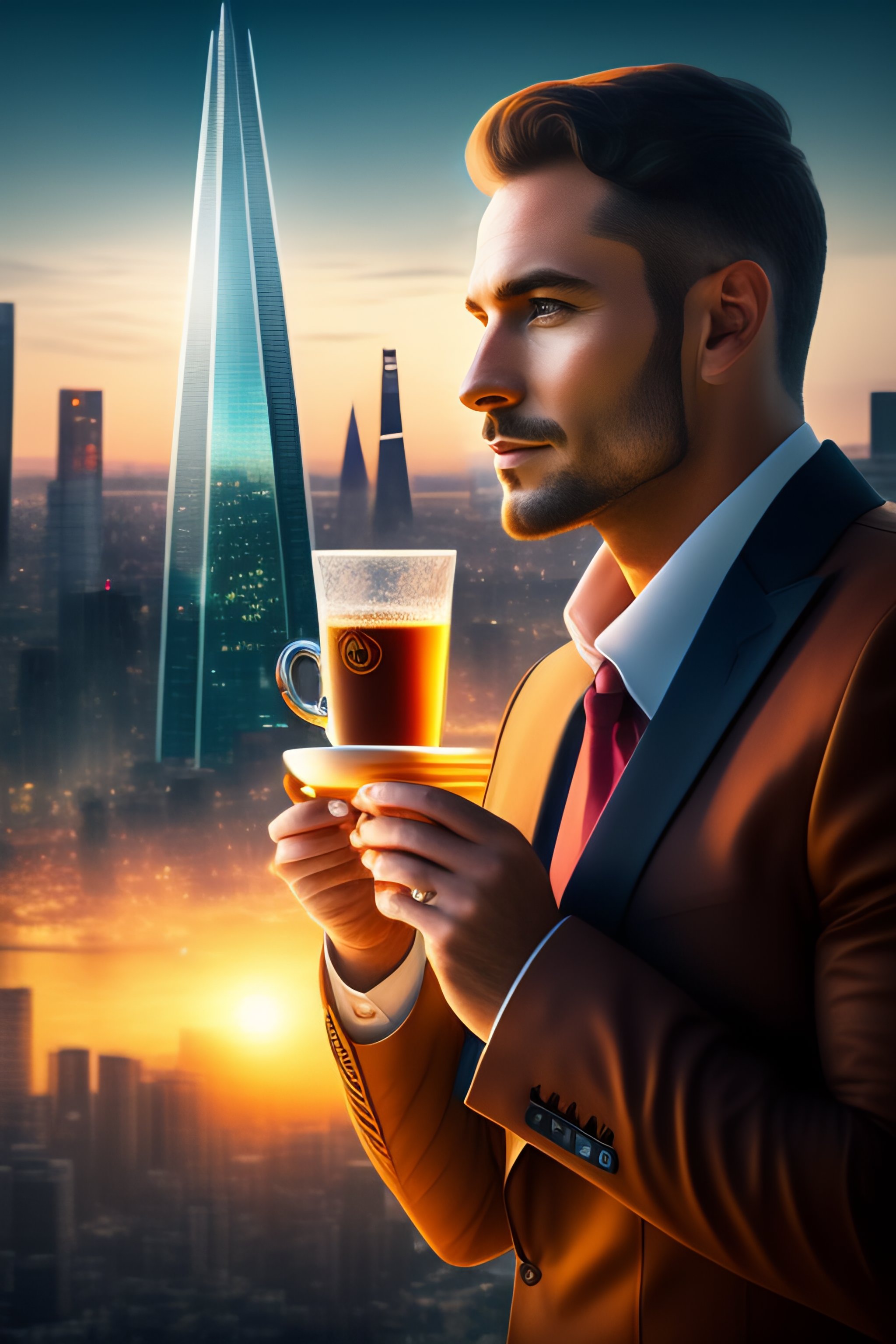 Lexica - Solarpunk man drinking coffee with background as A high tech ...