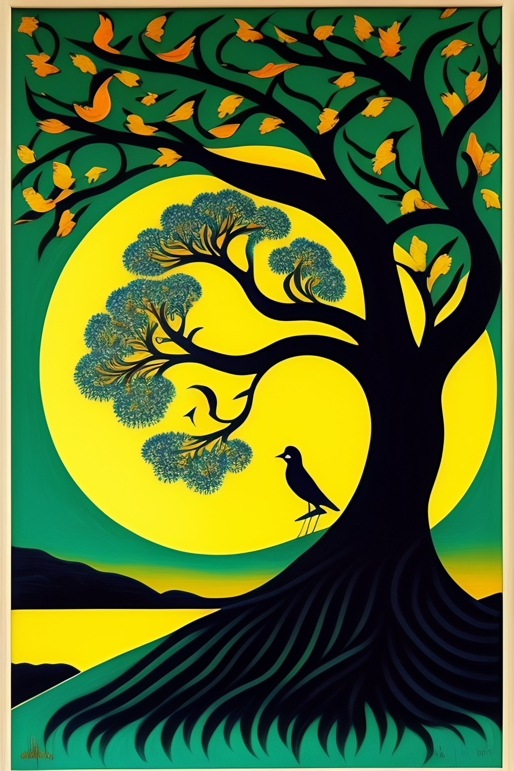 Lexica - Tree with birds , moonlight , full moon, picasso