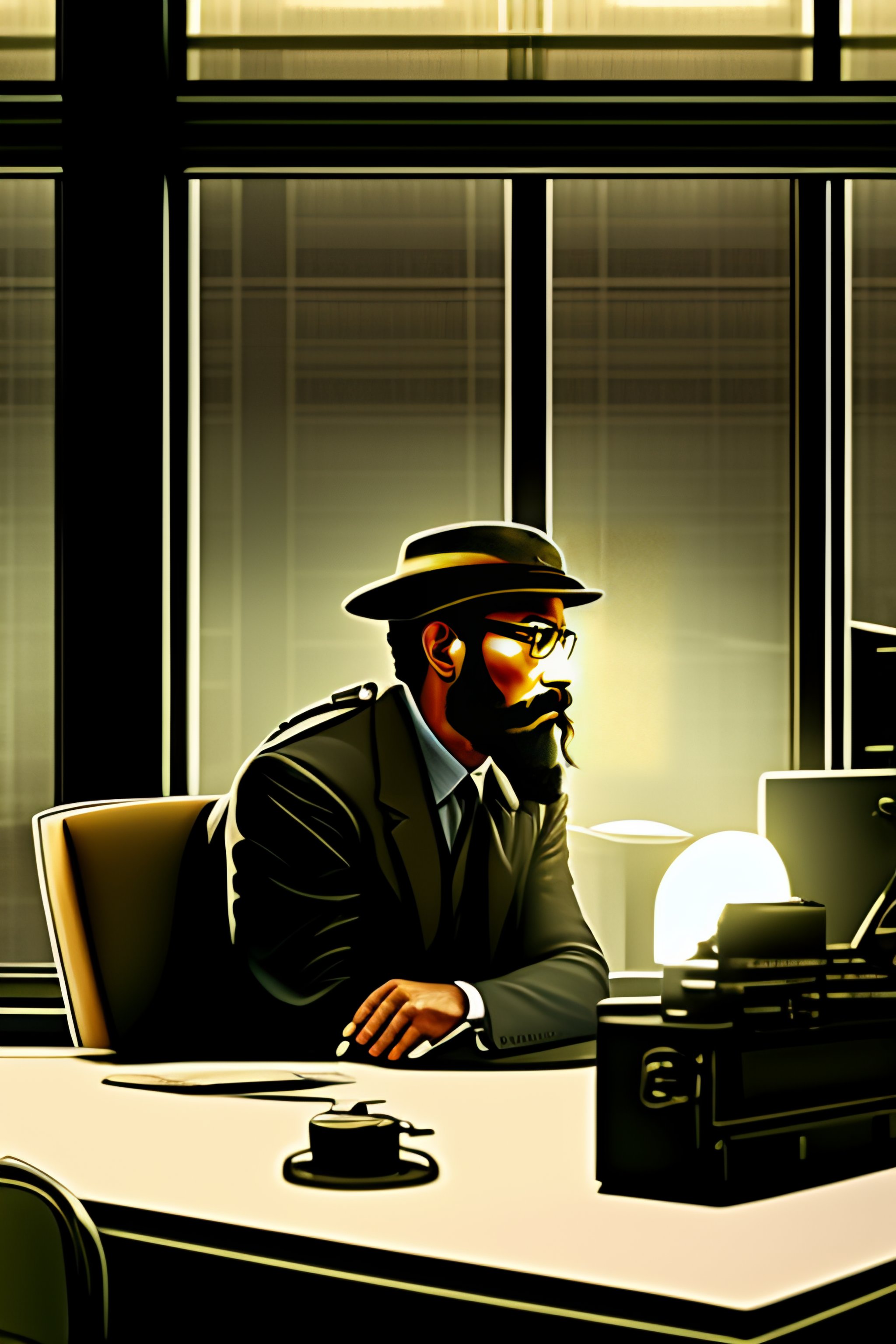 Lexica - A sniper, seated at a desk with a sly and sneaky expression on ...