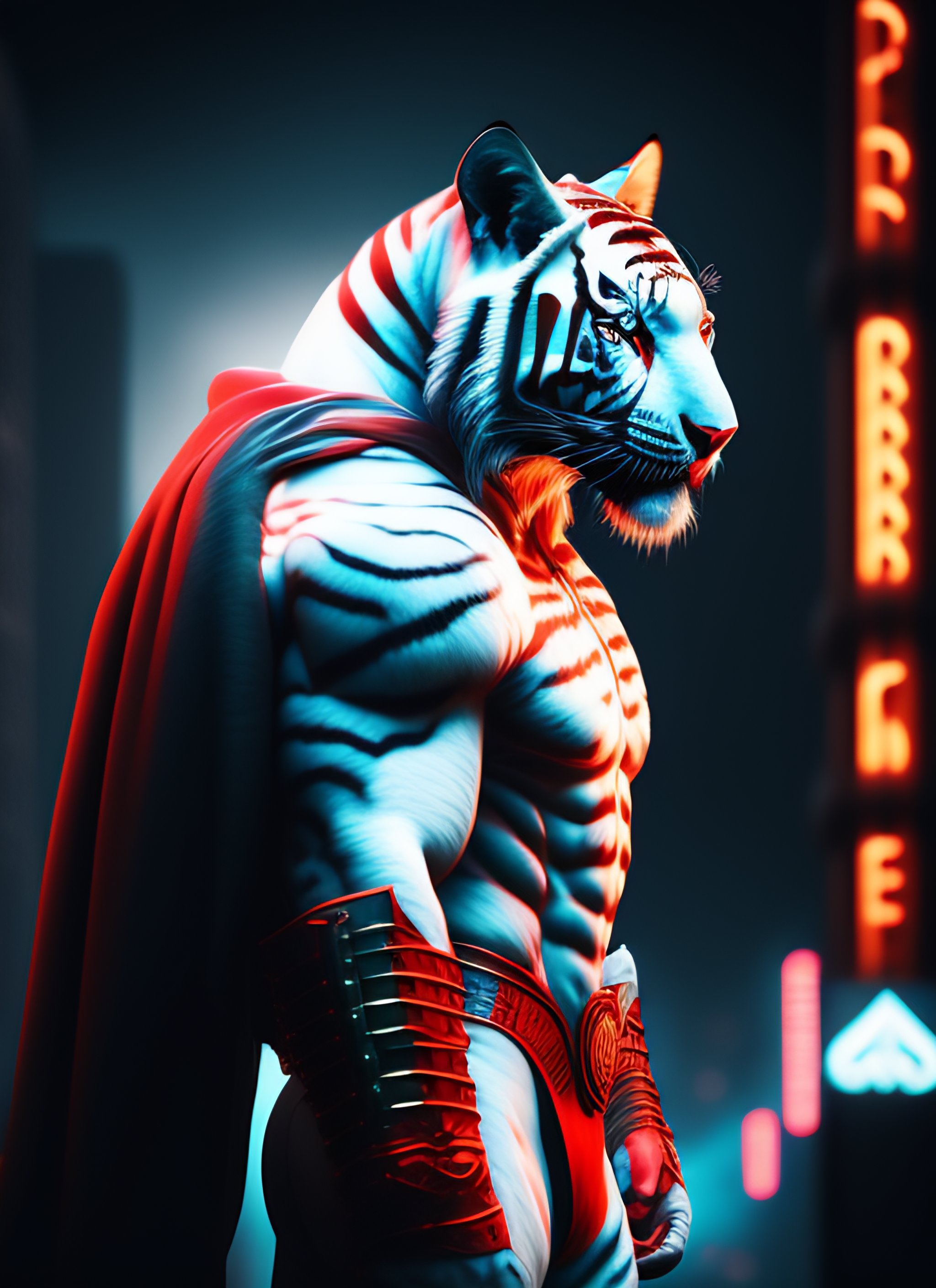 Lexica - White tiger humanoid, red lights, metropolis, cyber punk ...