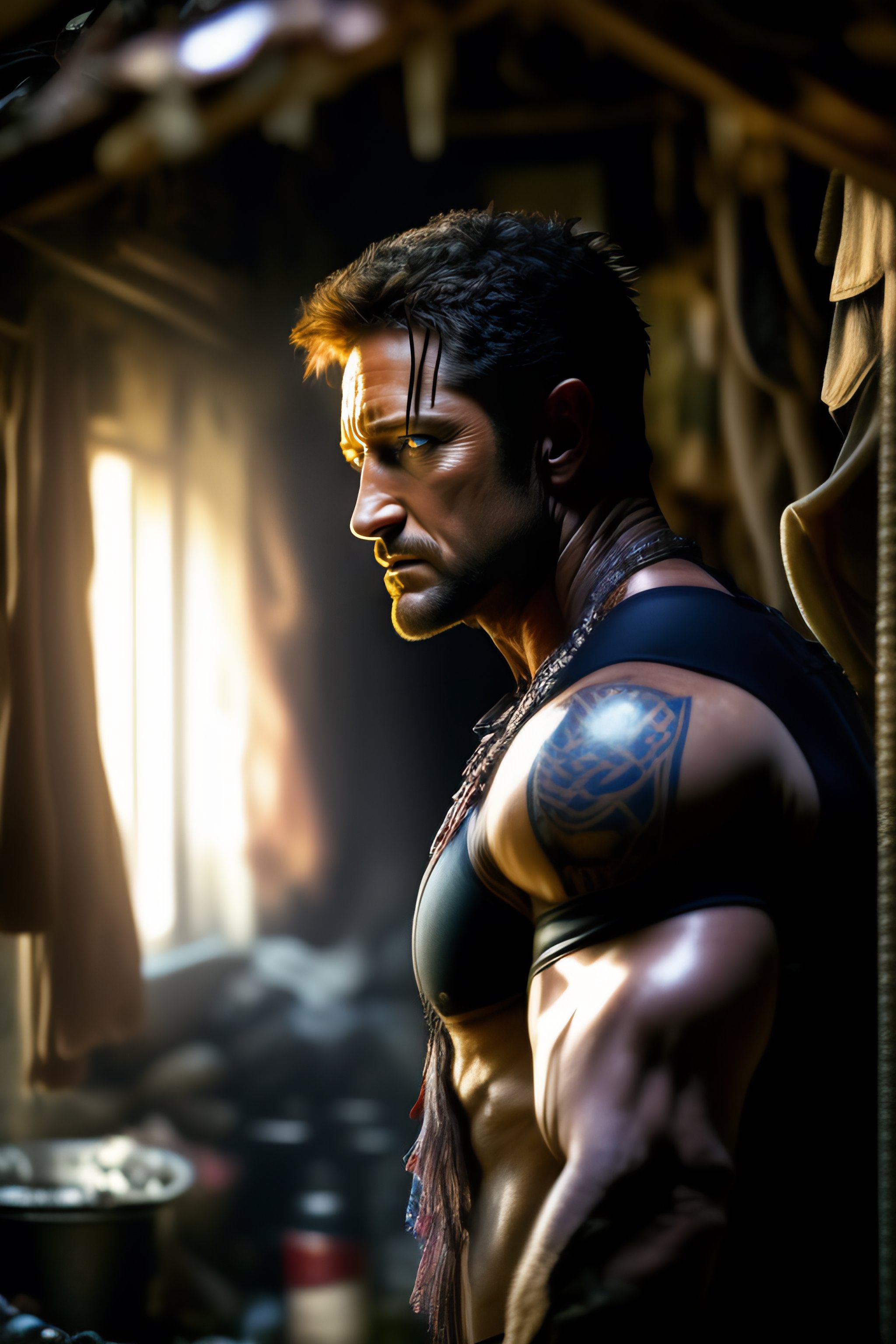 Lexica - Gerard Butler Wide angle Environmental shot of Cyborg in a ...