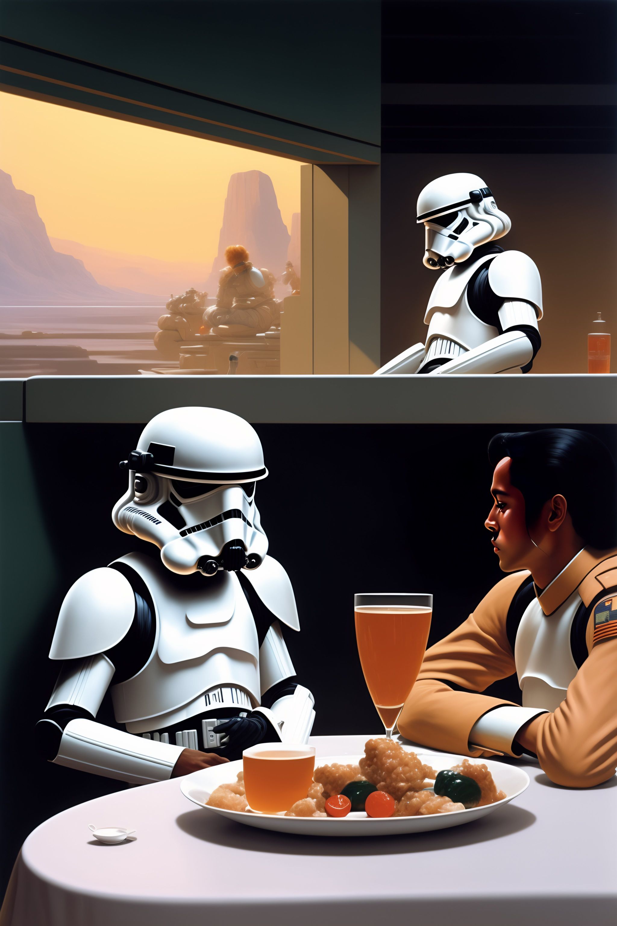 Lexica - "Stormtroopers relaxing in the Break Room" by Syd Mead, cold color palette, muted ...