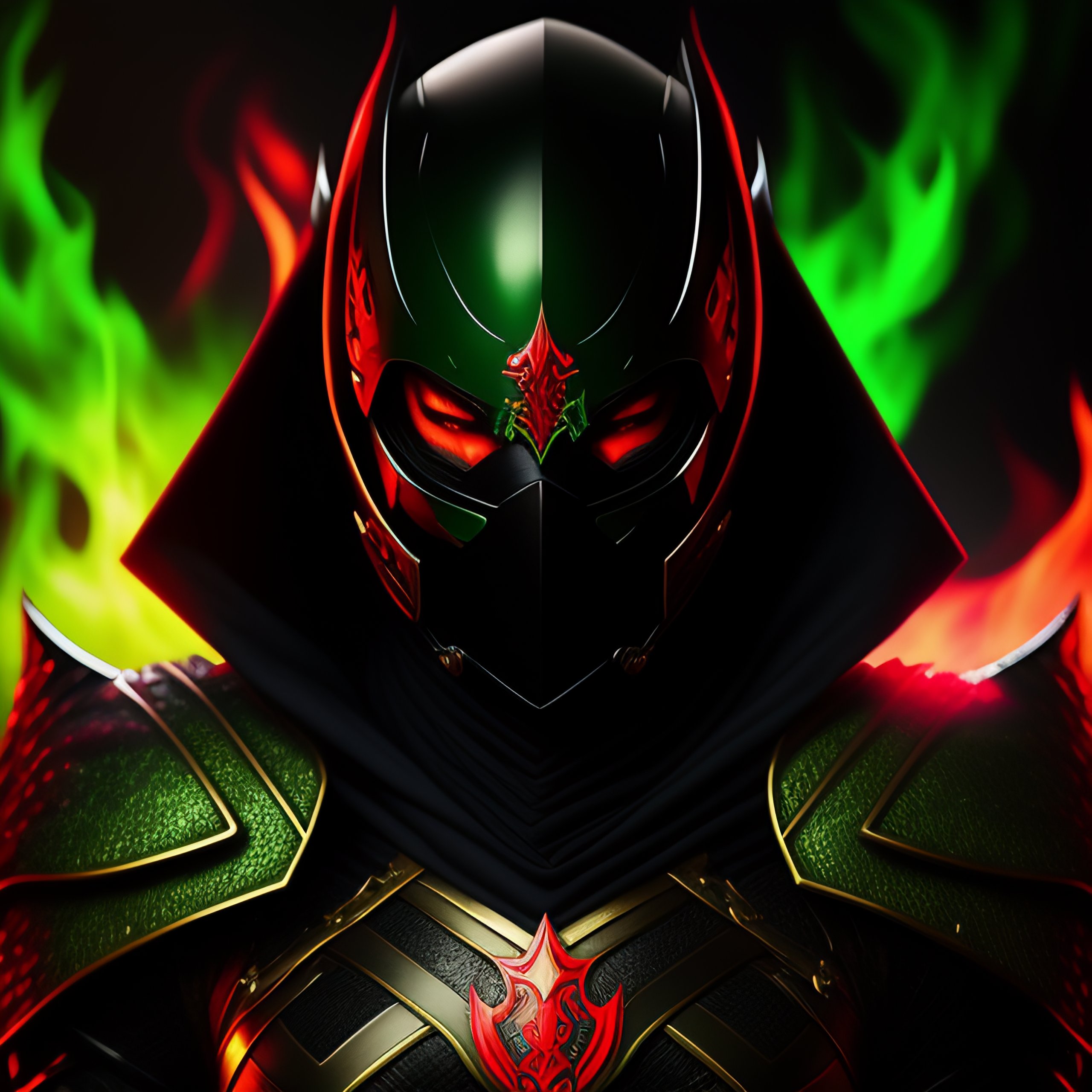Lexica - Devil ninja, black wings, black armor, green fire background, fantasy, red eyes, full ...