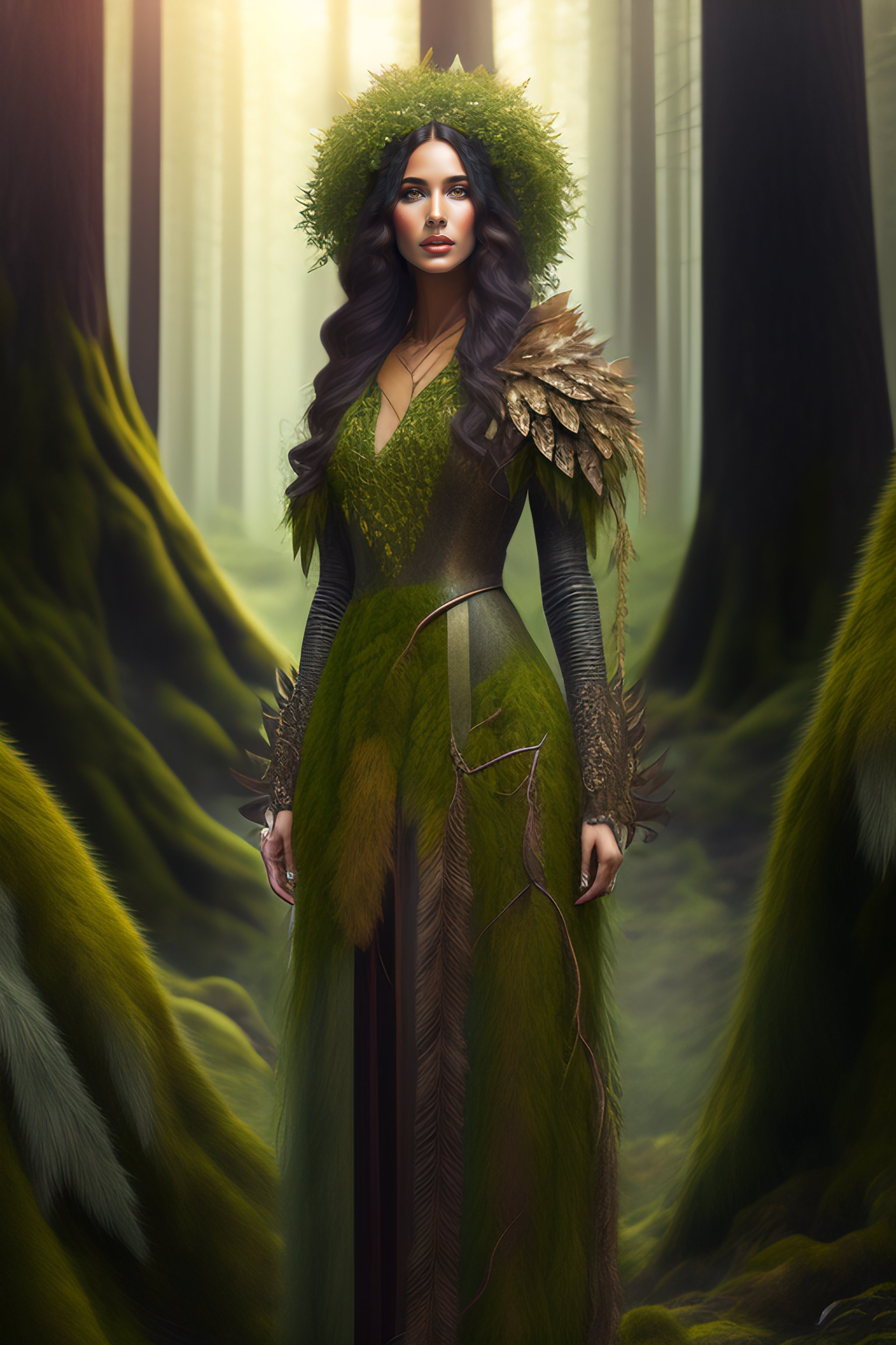 Lexica - Photorealistic, Dryad with skin of moss and armor of bark ...