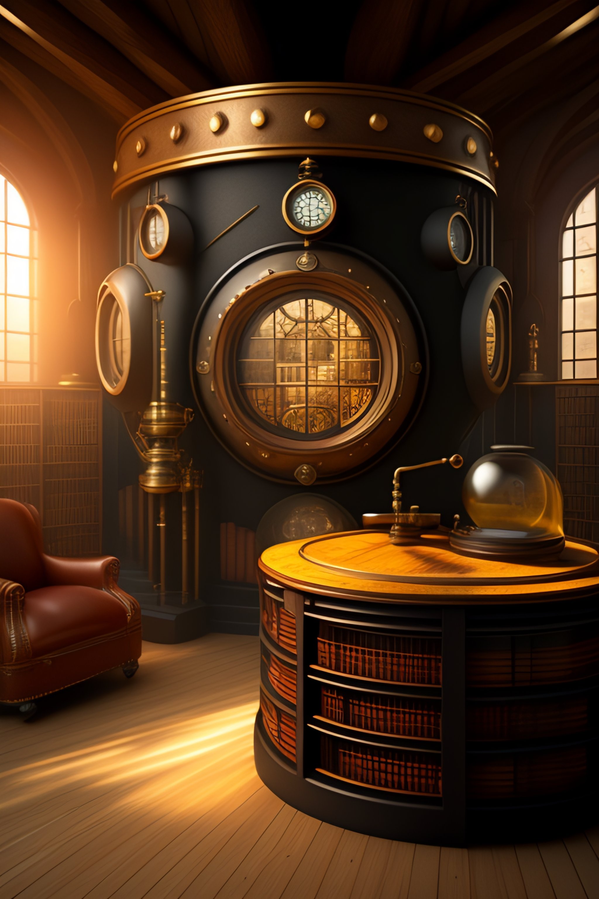 Lexica - Steampunk laboratory and library with fireplace and circle ...