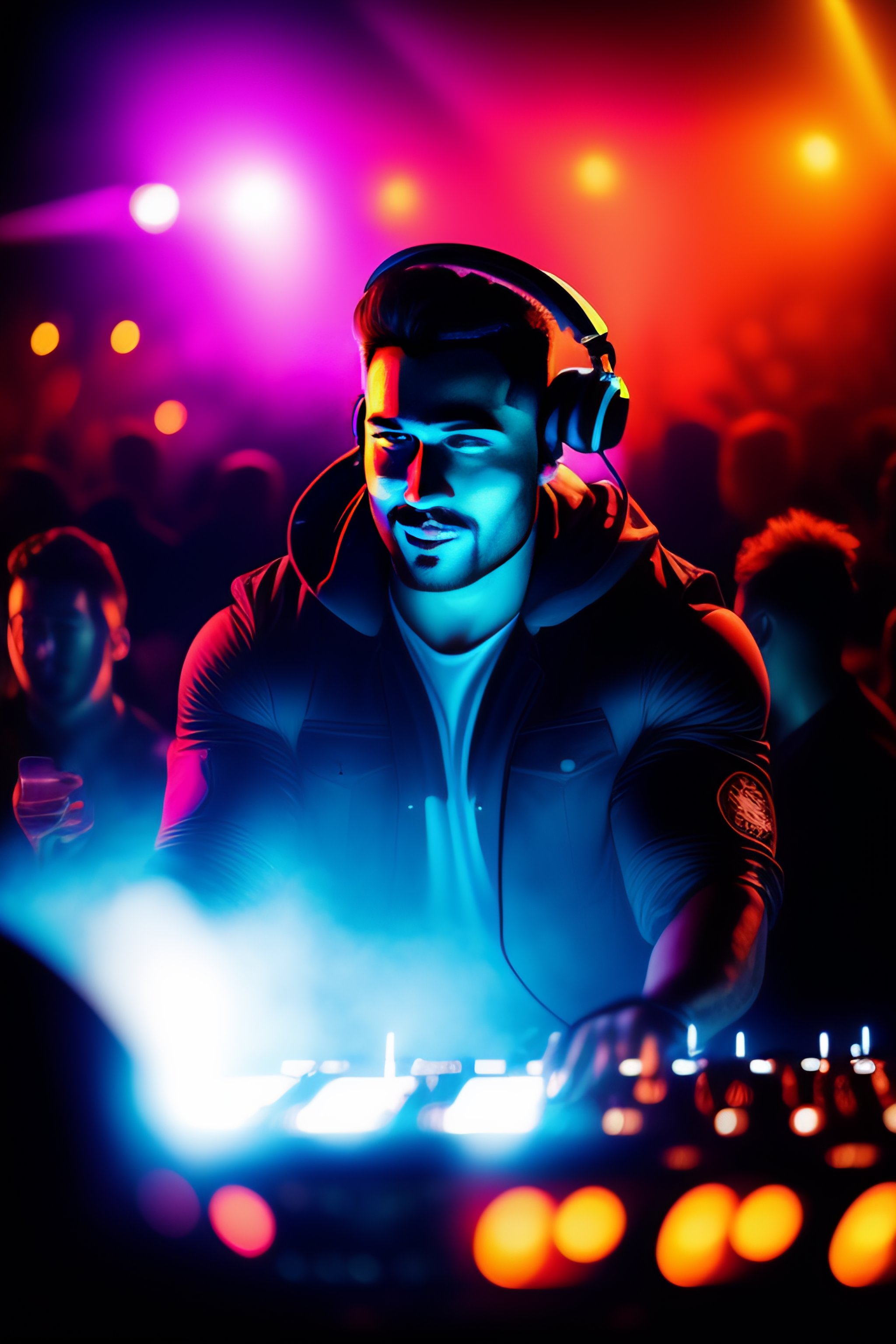 Lexica - Dj in club with bright lights and dancing crowd