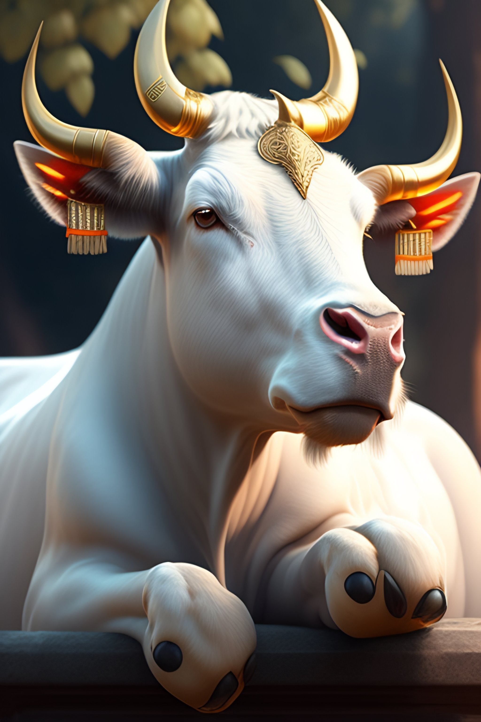 Lexica - A white bull relaxing, sitting position, relaxing, very ...