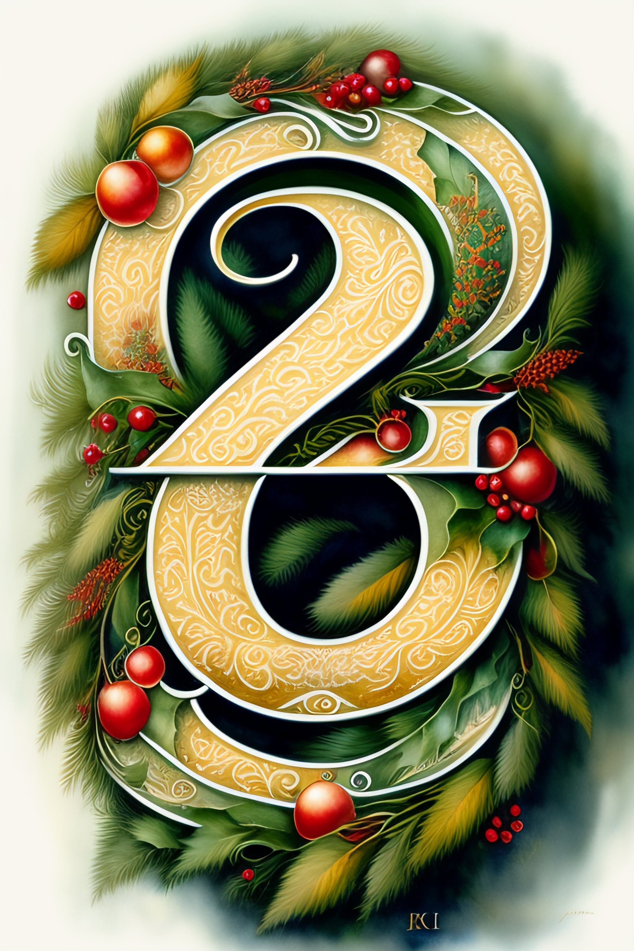 Lexica - Realistic watercolor painting of letters "2" as a wreath of ...