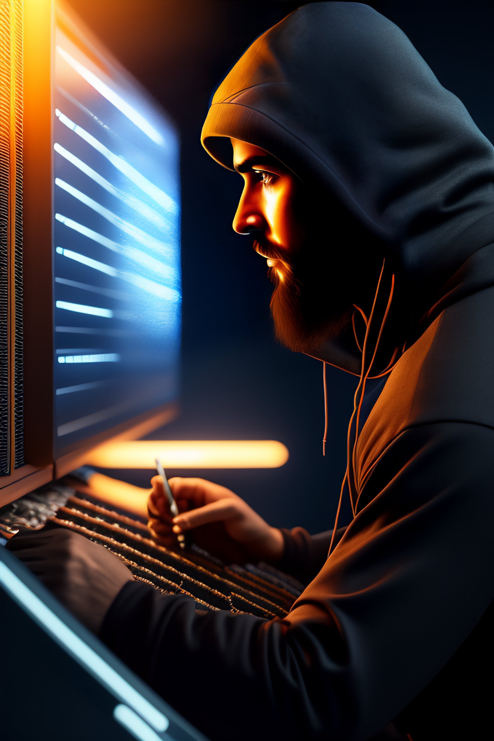 Lexica - A bald bearded tech support guy wearing a black adidas hoody ...