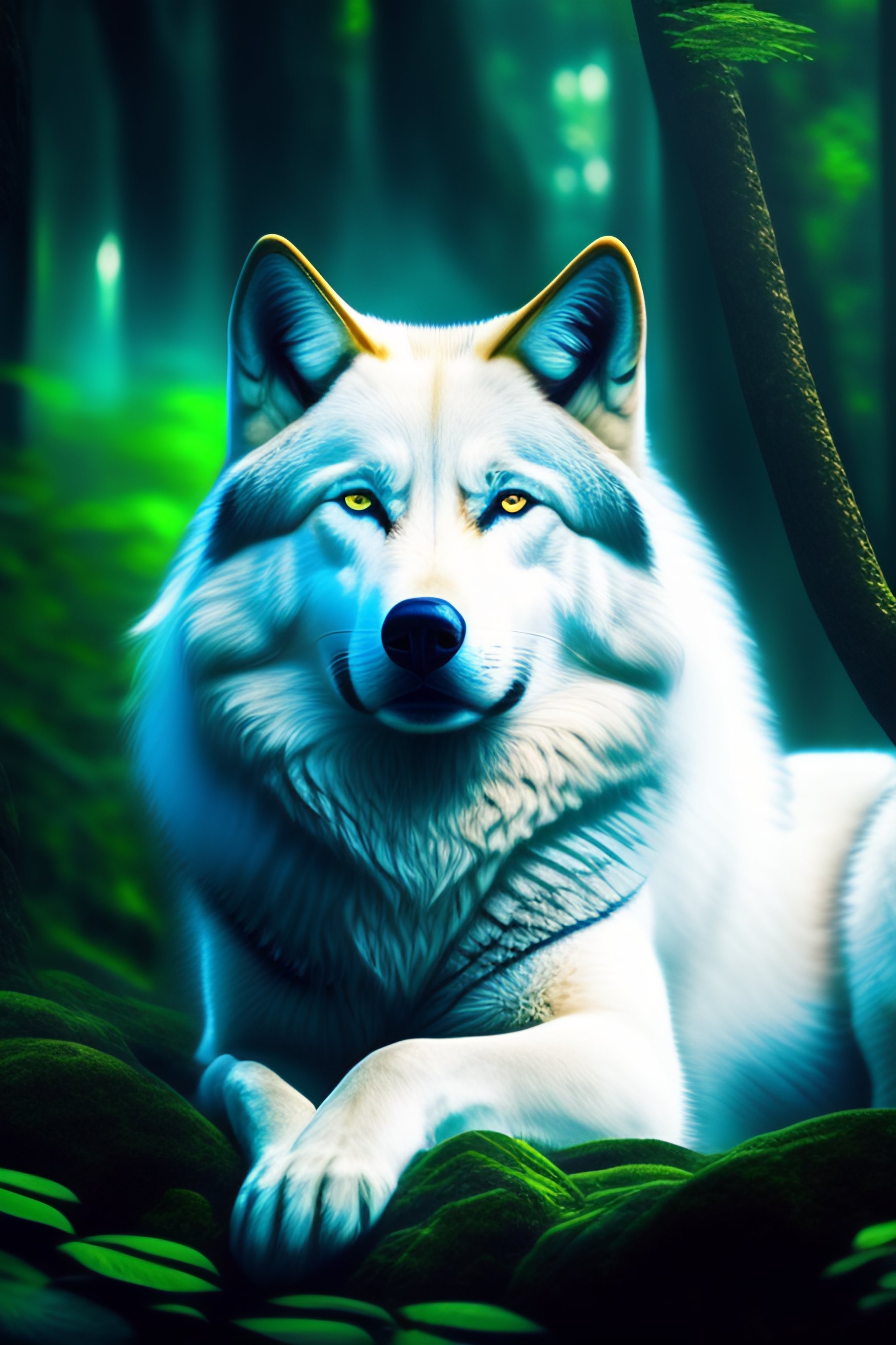 Lexica - White wolf, shiny eyes, jungle, night, blue, green, dreamy