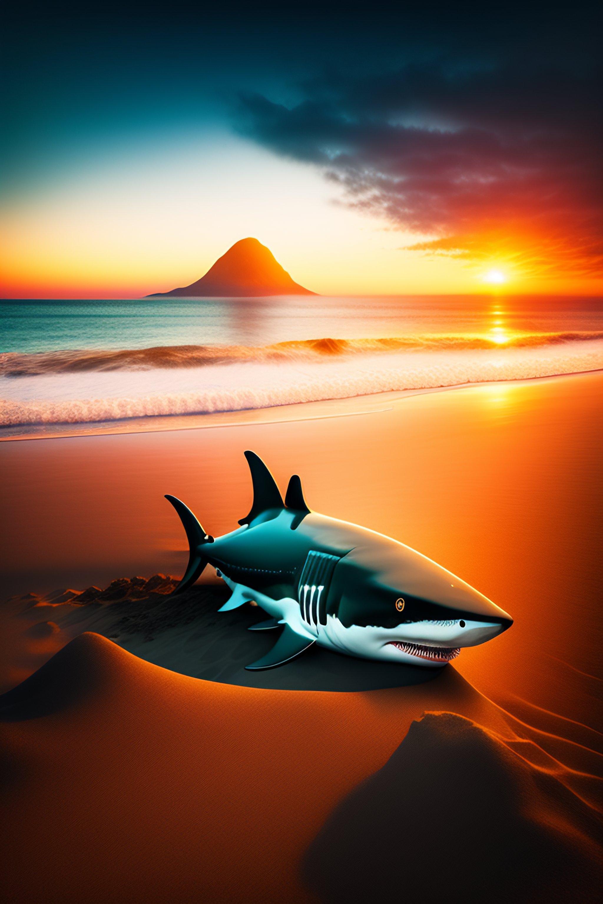 Lexica - Shark with one jaws laying in the sand on a beach with foggy ...