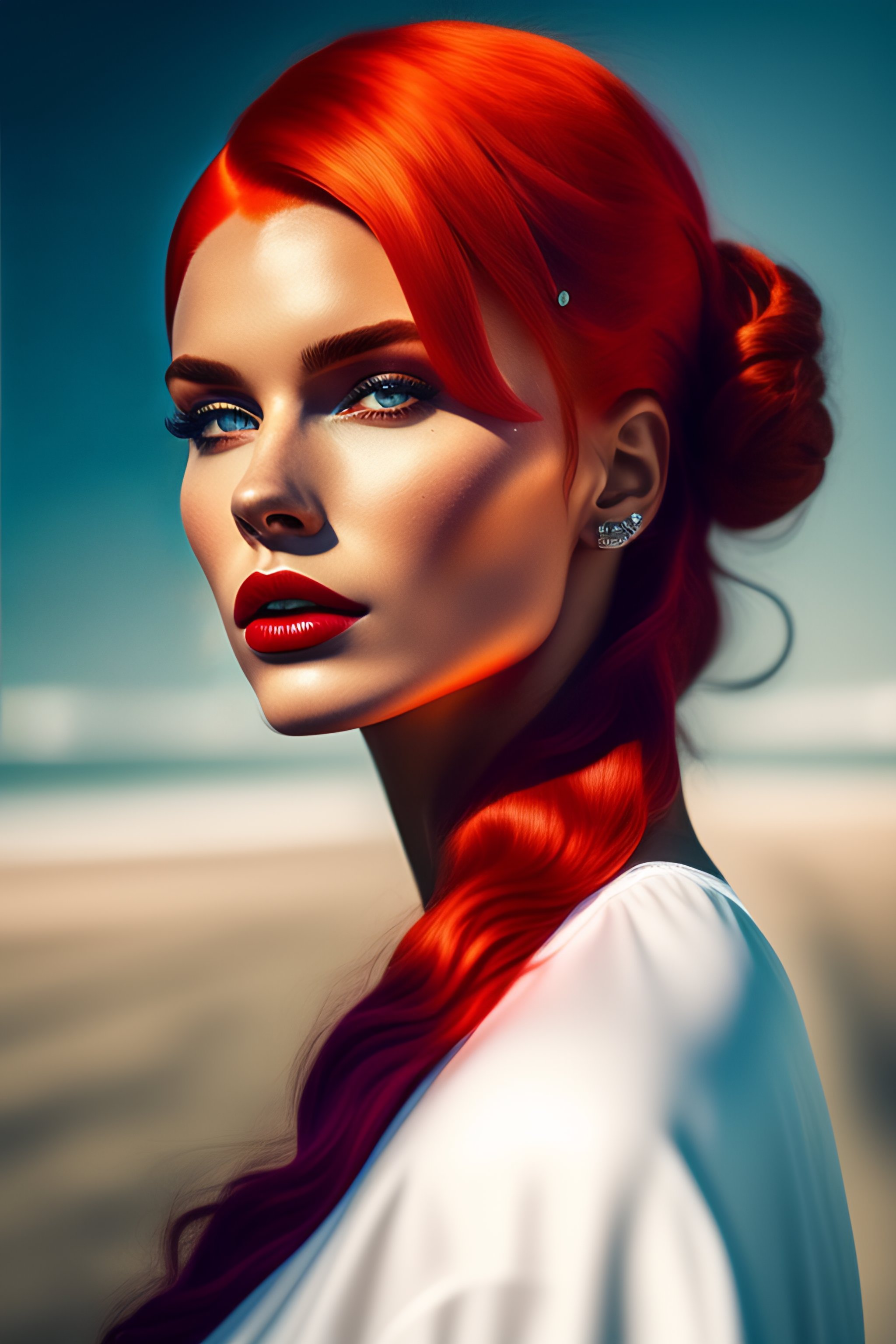 Lexica - Social media, white-skinned female model with red hair, urban ...