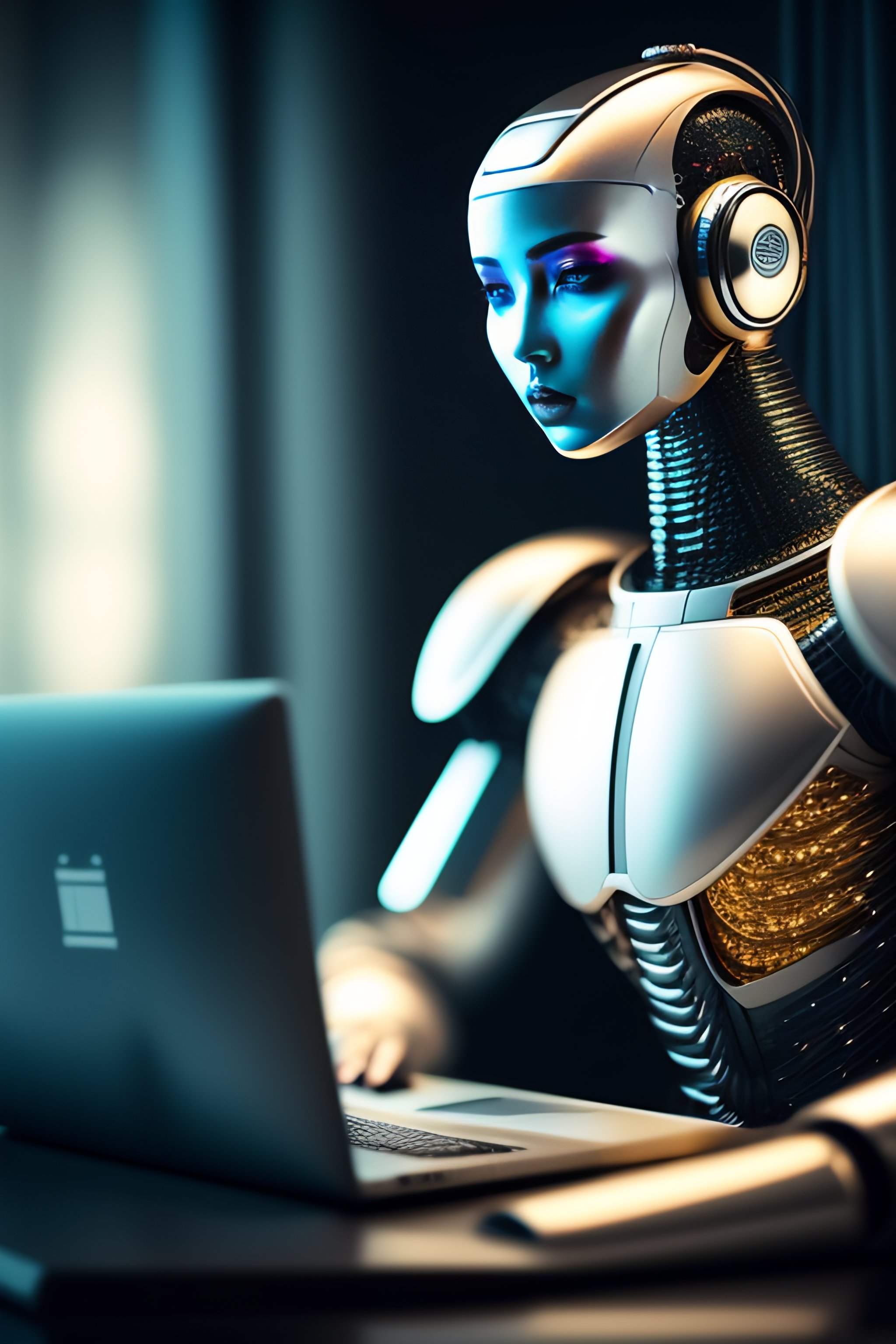 Lexica - High resolution human fashionandroid robot typing on a computer