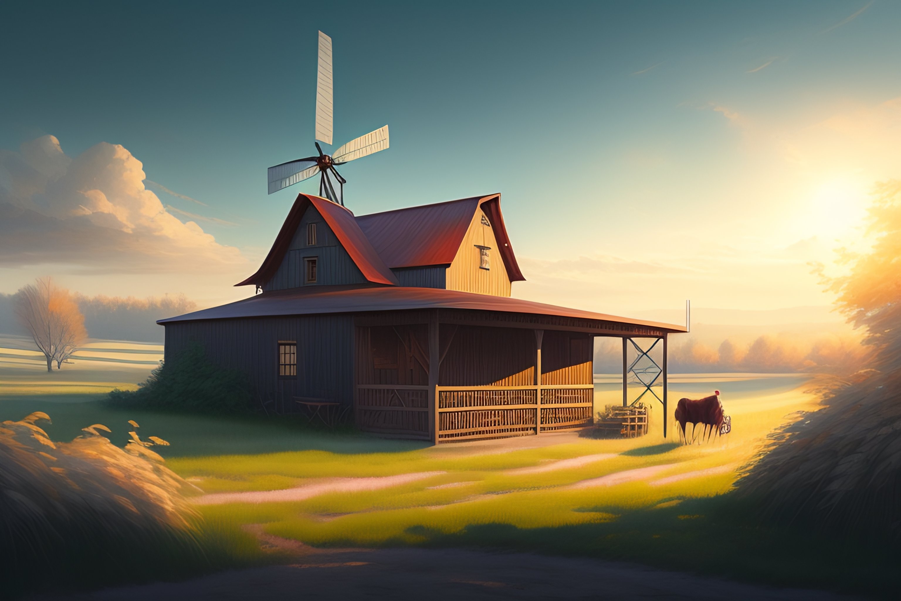 Lexica - Two mechanics in the front and a barn with a windmill and ...