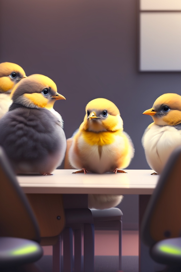 Lexica - A chick, dressed in a suit, is in a meeting room, sitting on a ...