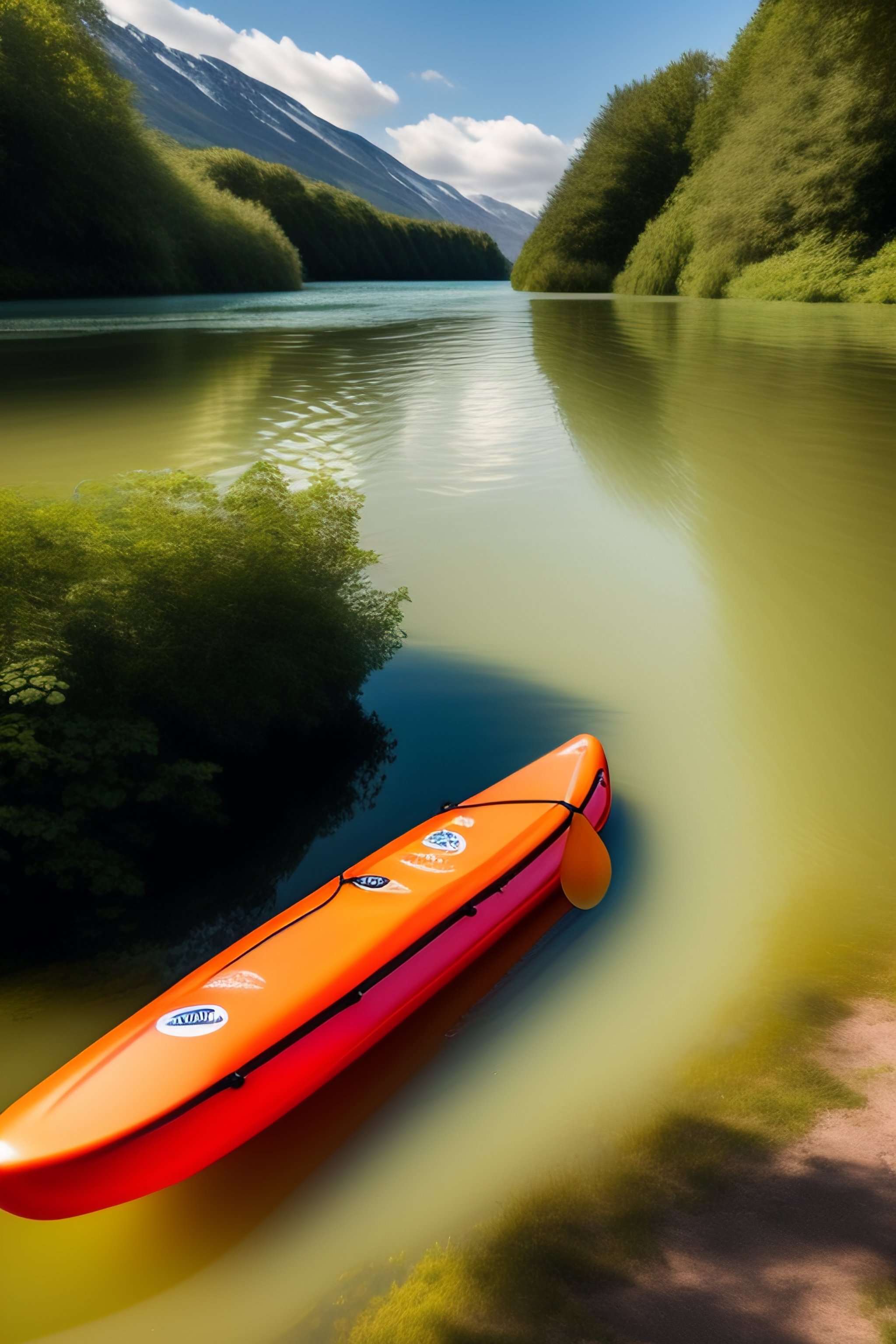 Lexica - Un kayak gonflable au bord d'une riviere en france aspect realiste