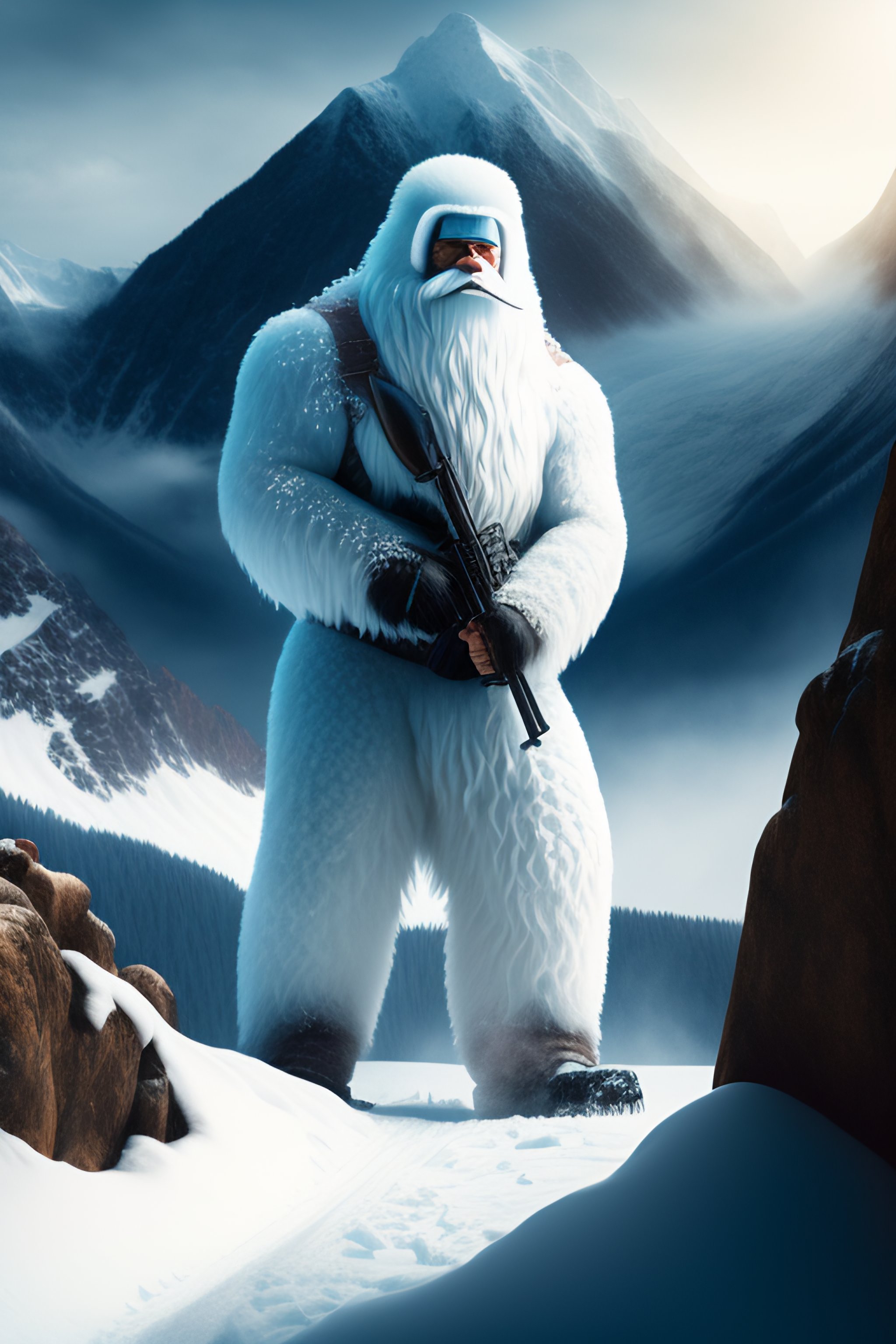 Lexica - Abominable snowman in the mountains holding a weapon