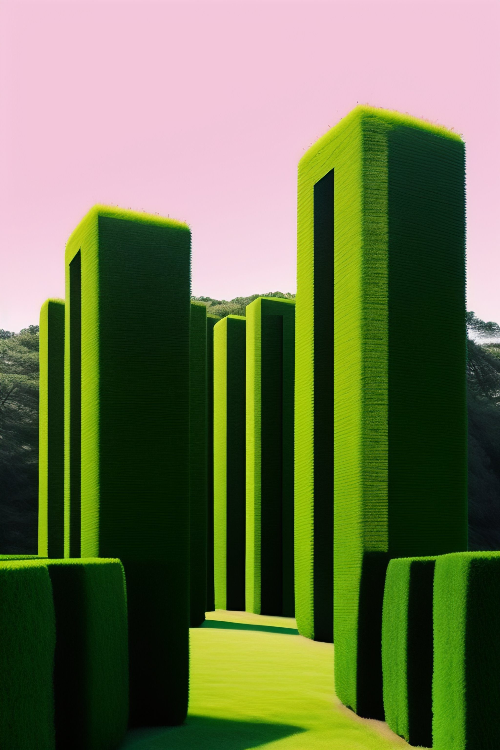 Lexica - Tall green hedge maze, green grass, evil monster in shadows ...