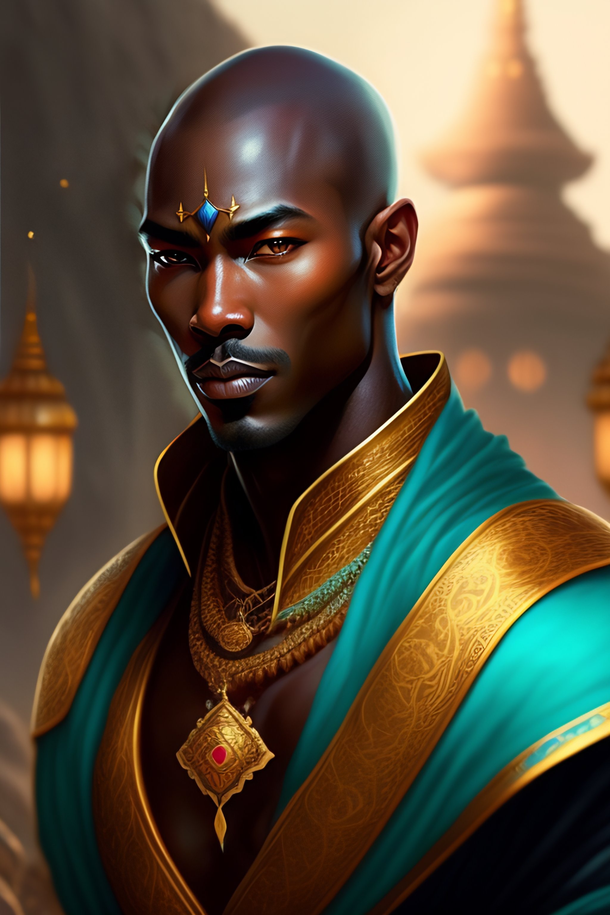 Lexica - Male drow shaolin monk wearing turqoise and gold jewellery ...
