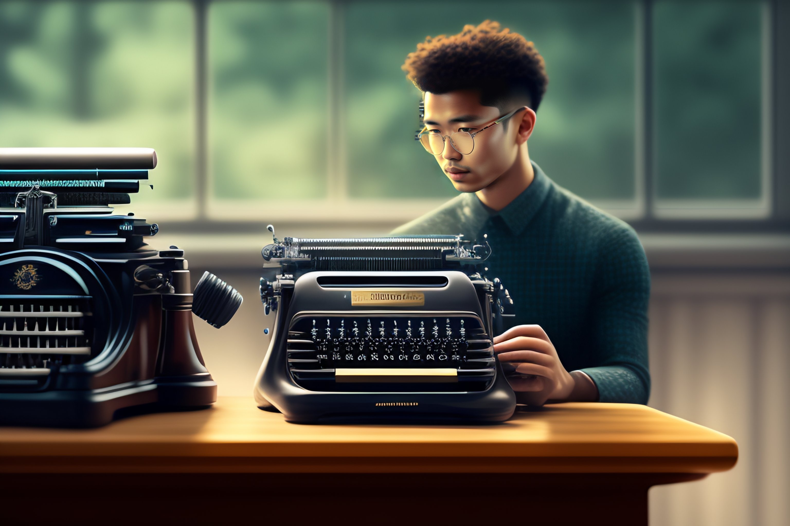 Lexica - A young man and an Android typing on an old mechanical ...