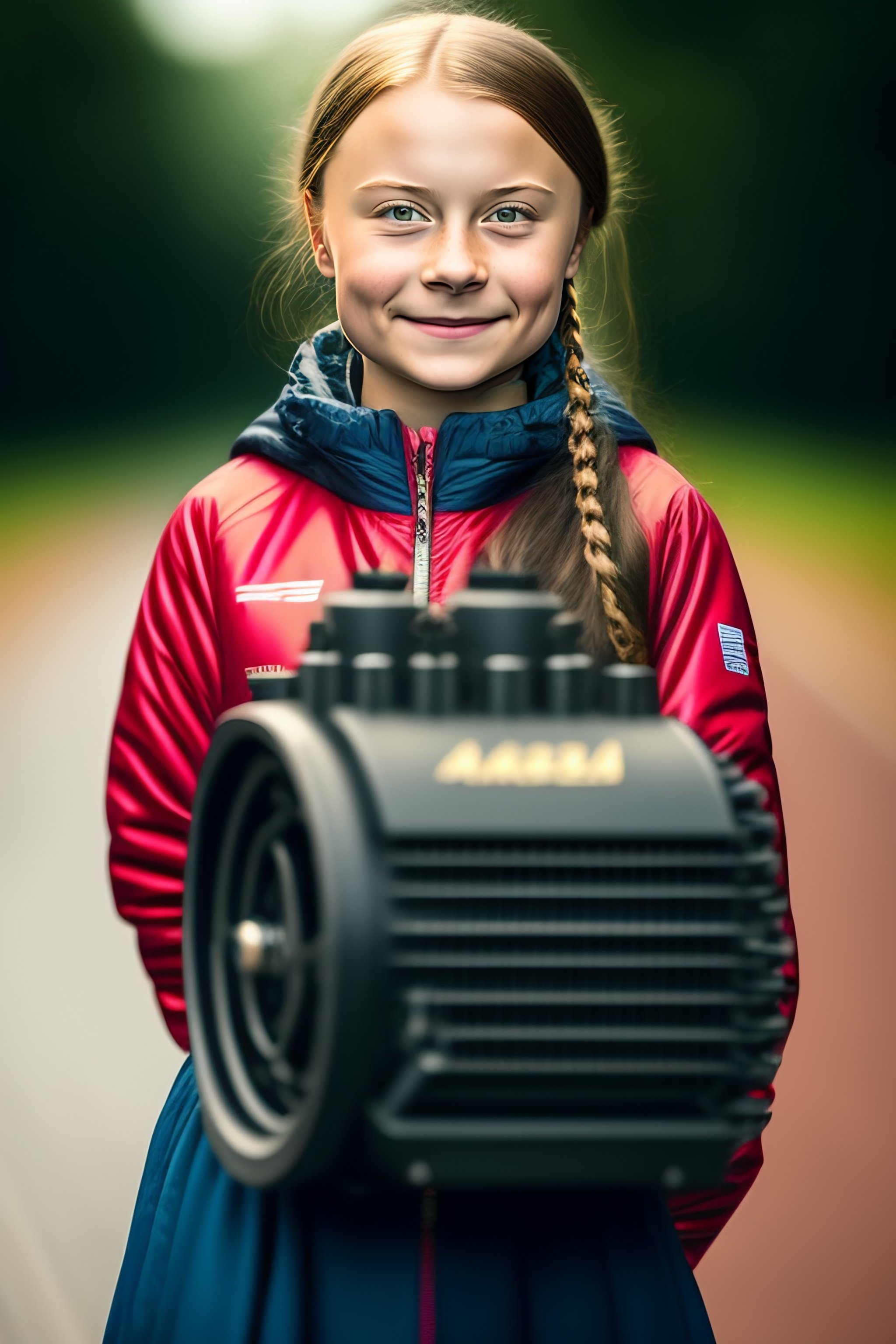 Lexica - Smiling greta thunberg holding a engine