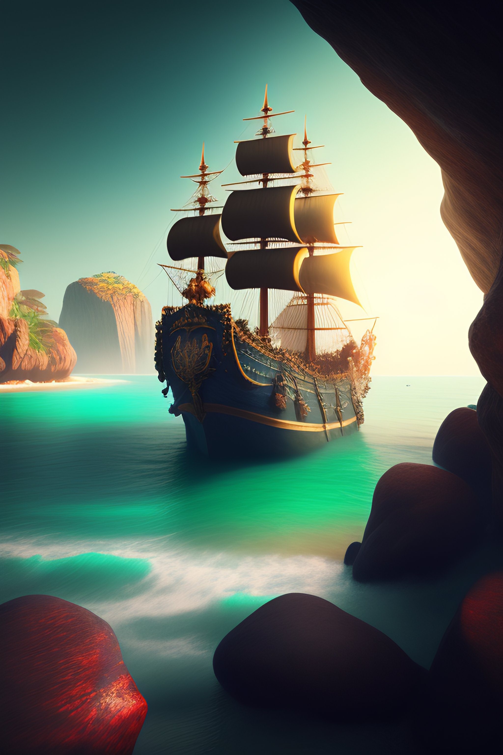 Lexica - Landscape of a pirate ship in a pirate cove